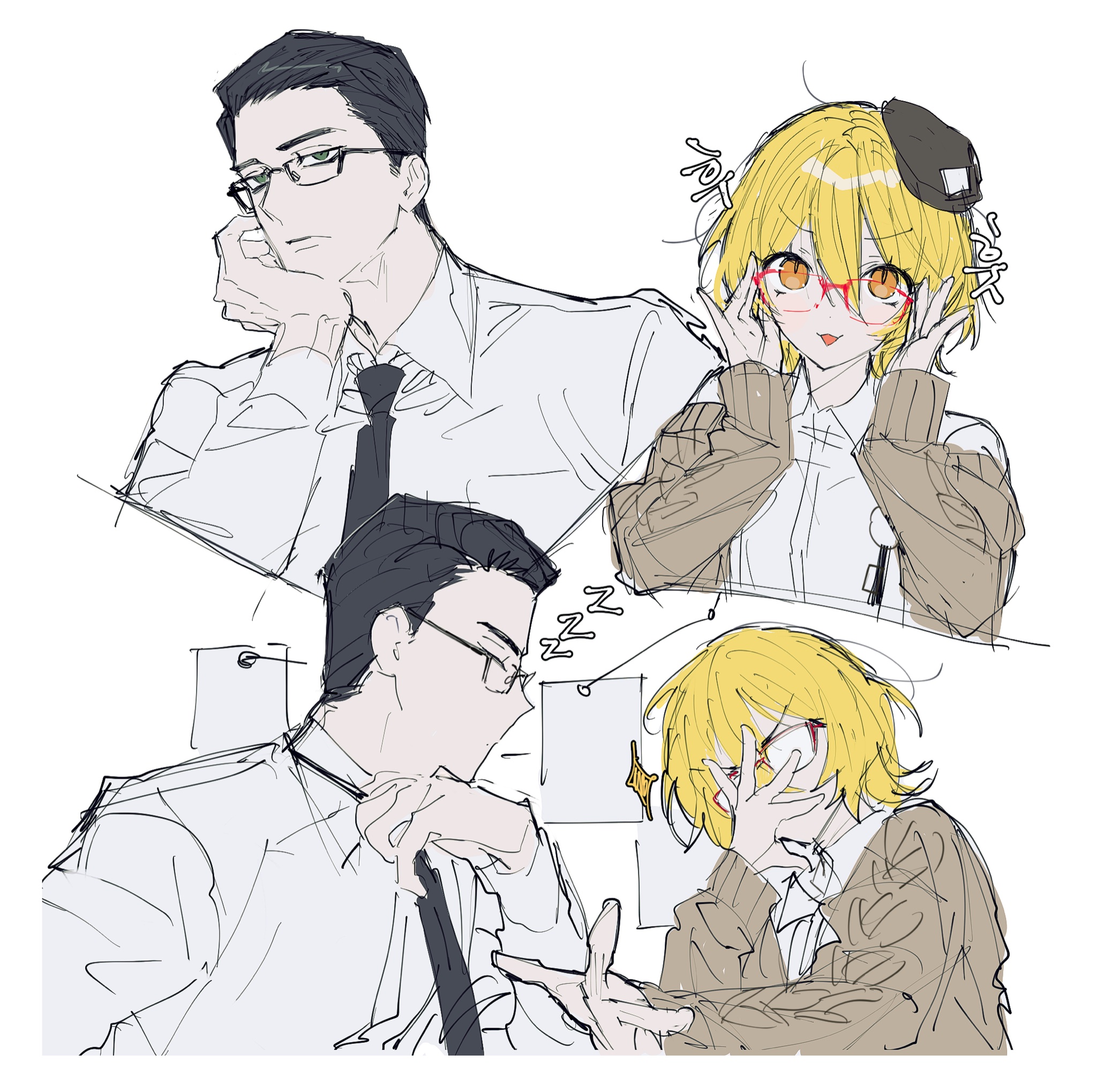 Safebooru - 1boy 1girl adjusting eyewear black hair black necktie blonde hair brown cardigan ...