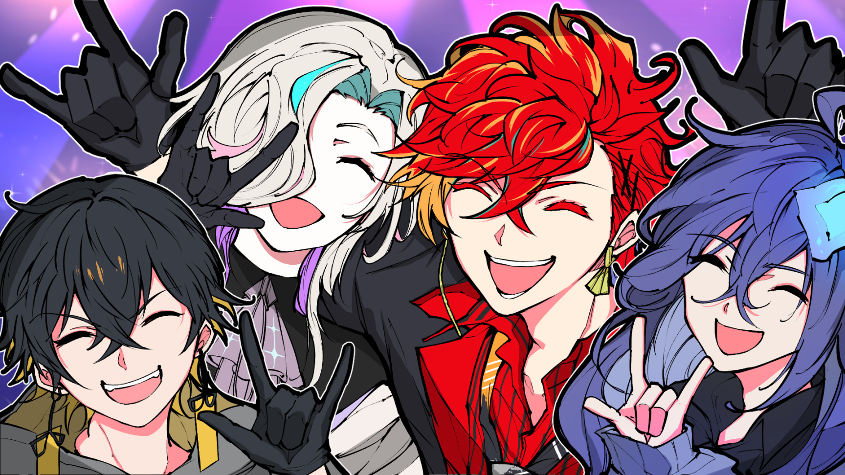 Safebooru - 4boys :d \m/ ^ ^ aqua hair arm around shoulder ascot bangs ...