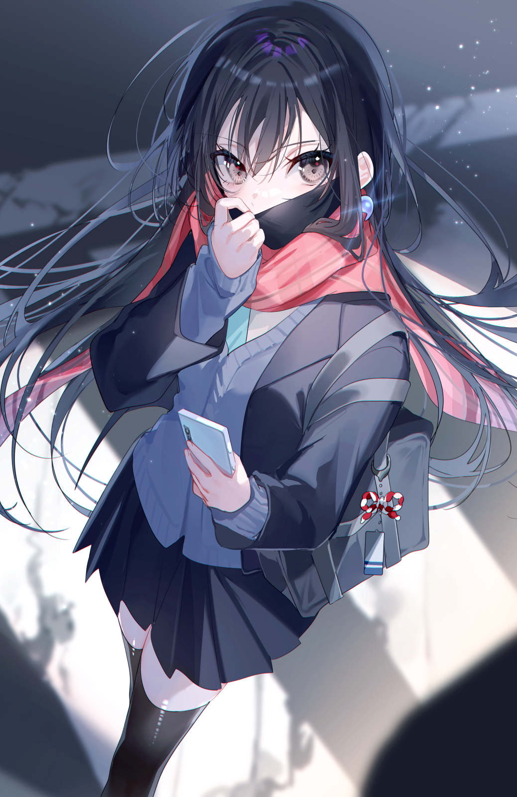Safebooru - 1girl bangs black hair black mask black thighhighs blue jacket blue necktie blue ...