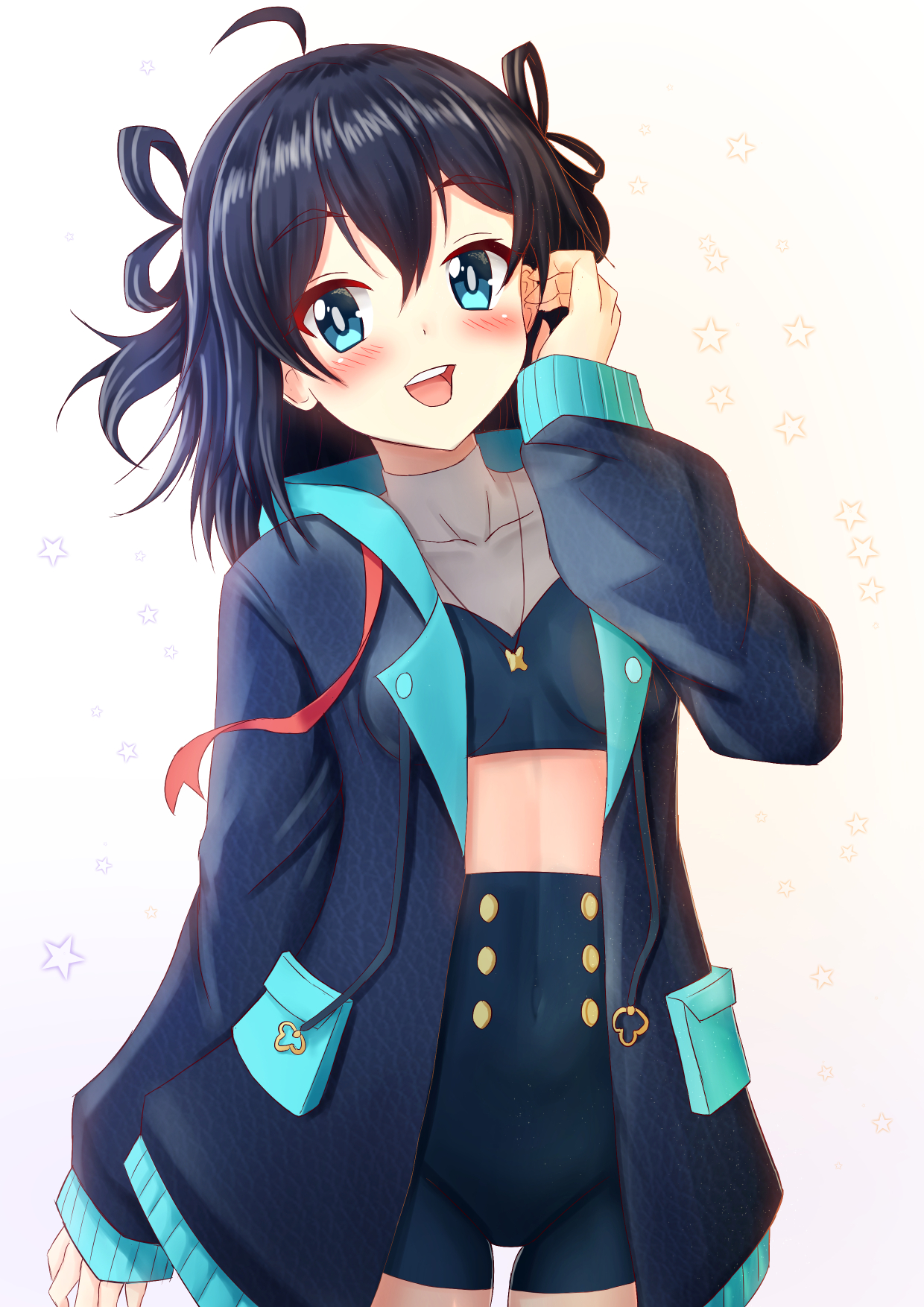 Safebooru - 1girl :d ahoge black hair blue eyes blue jacket blue shorts blush breasts commentary ...