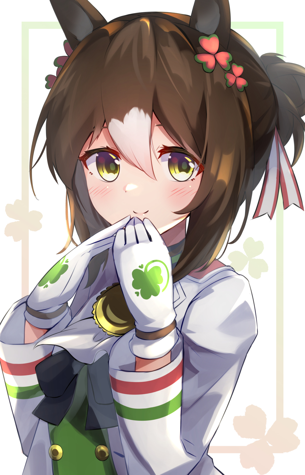 Safebooru - 1girl animal ears brown hair closed mouth clover fine ...