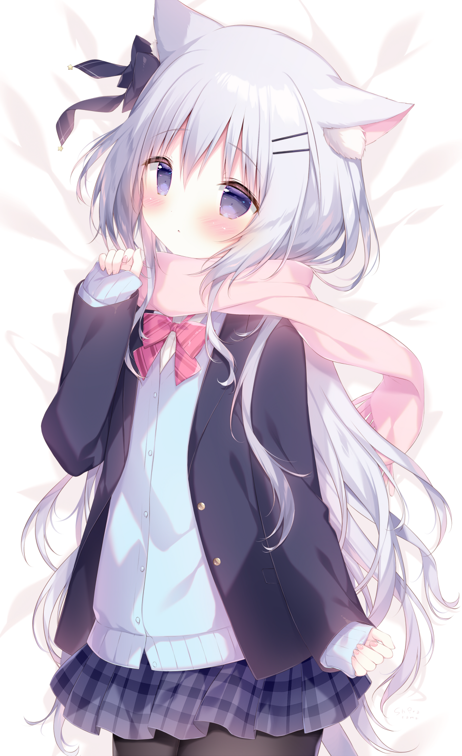 Safebooru - 1girl :o animal ear fluff animal ears bangs bed sheet black bow black jacket blazer ...