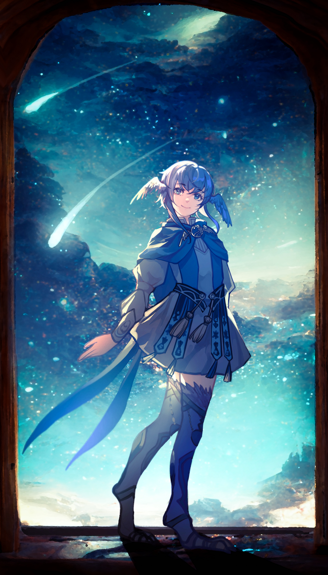 Safebooru - 1girl allysion bangs bird girl bird legs bird tail bird wings blue capelet blue ...