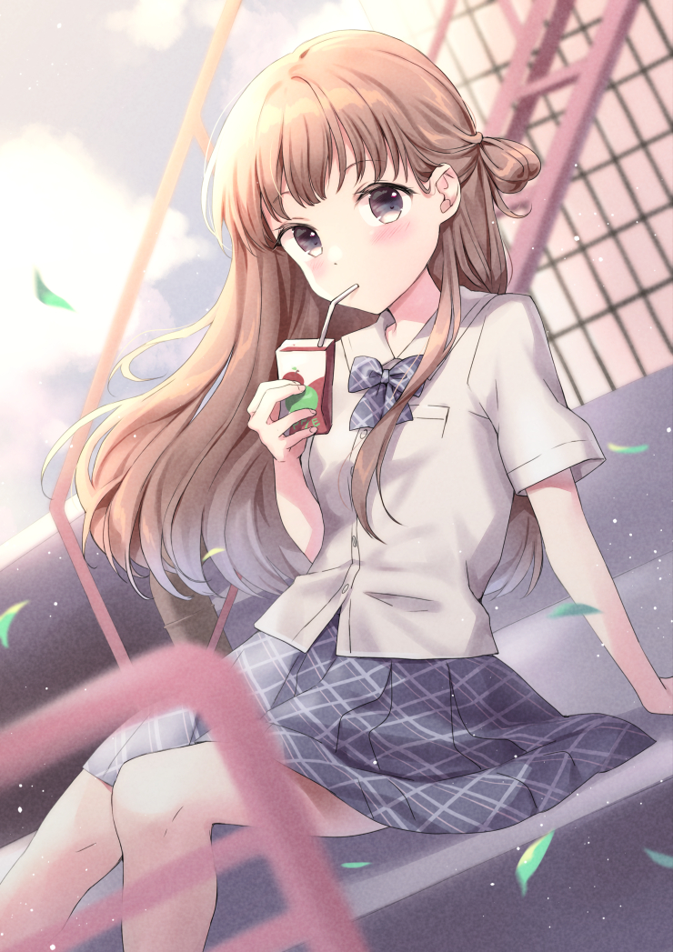 Safebooru - 1girl bangs blue bow blue skirt blue sky blurry blurry background blush bow bowtie ...