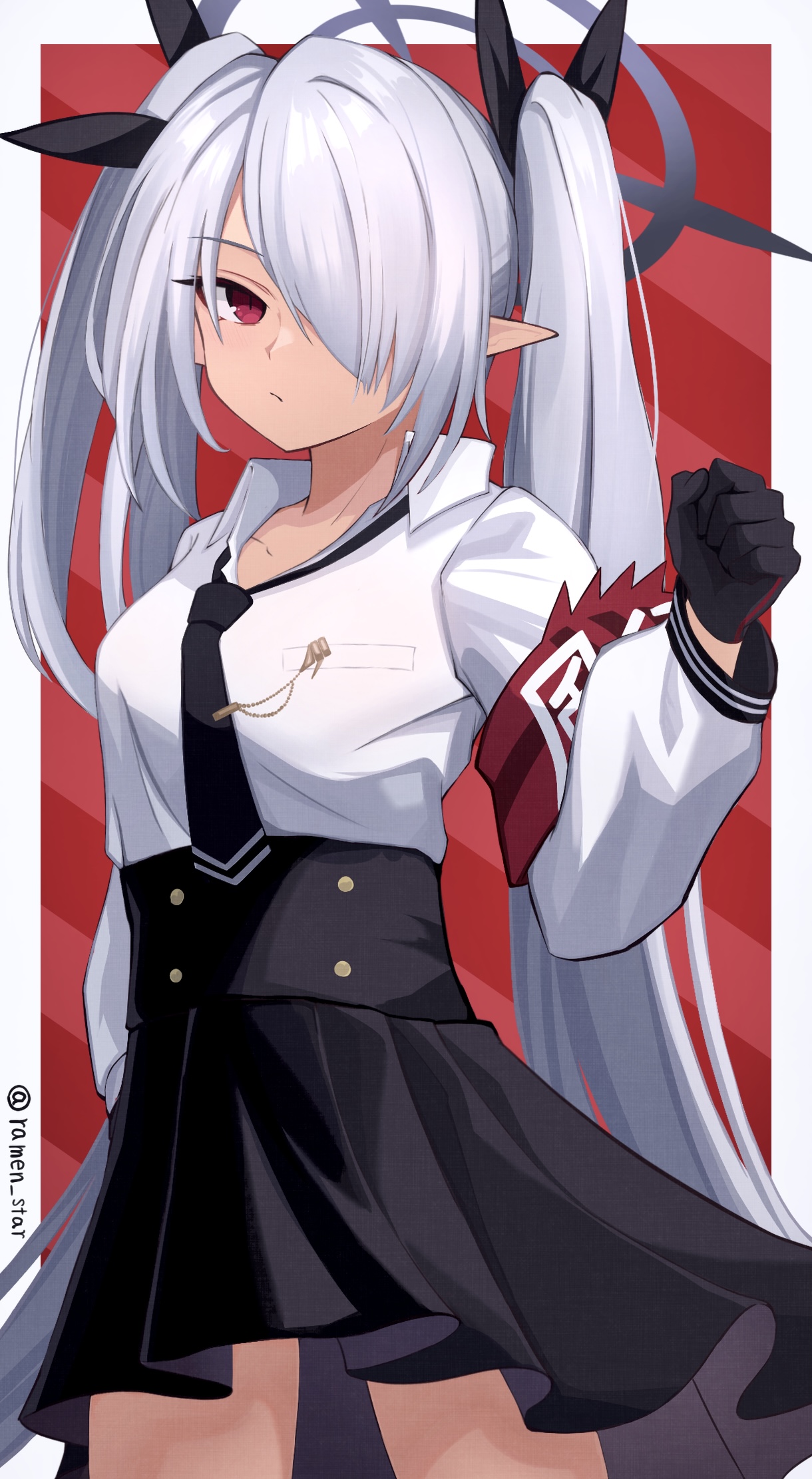 Safebooru - 1girl black gloves black necktie black ribbon black skirt blue archive clenched hand ...