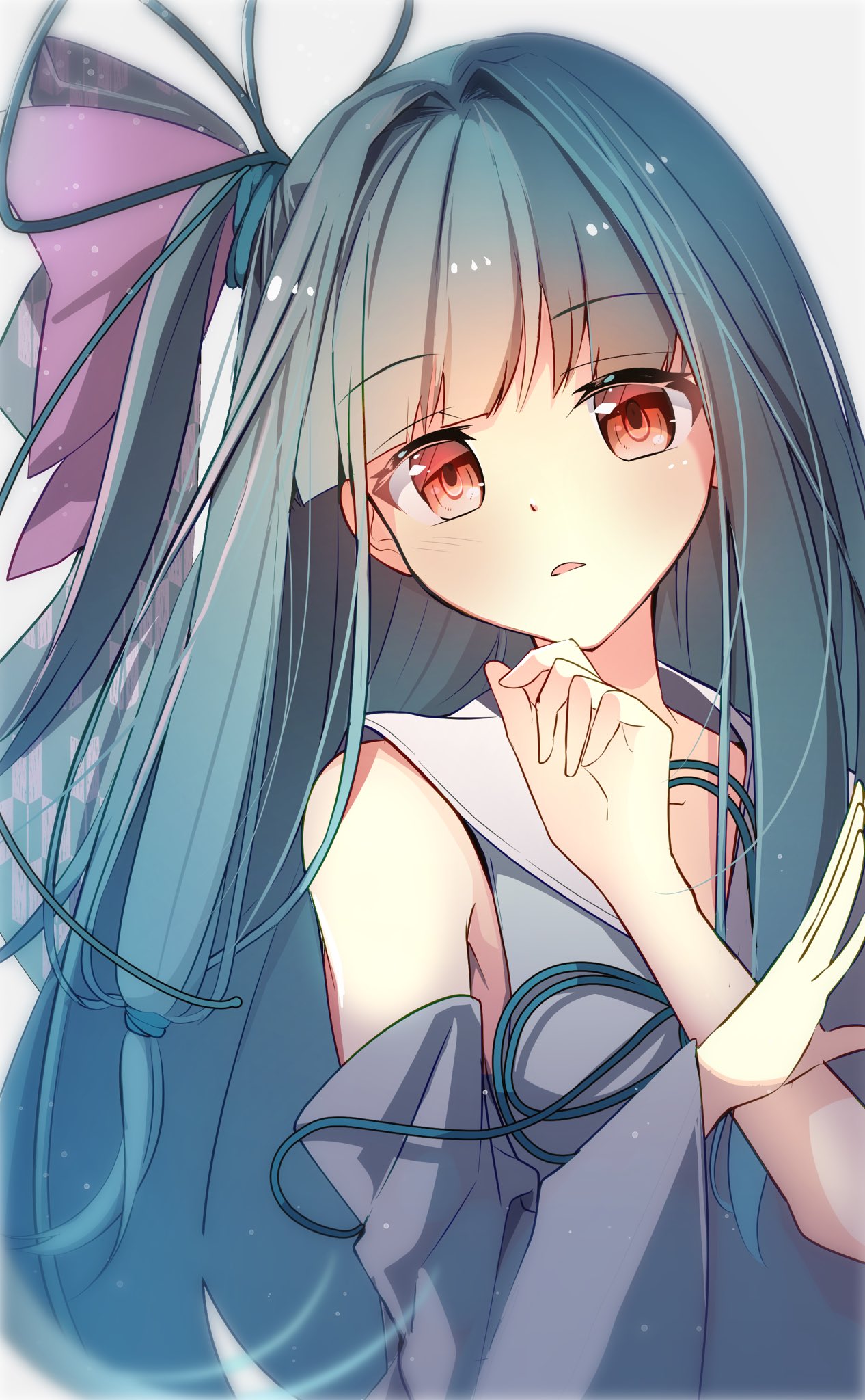 Safebooru - 1girl armpits bangs bare shoulders blue hair blue ribbon blunt bangs blush bow ...
