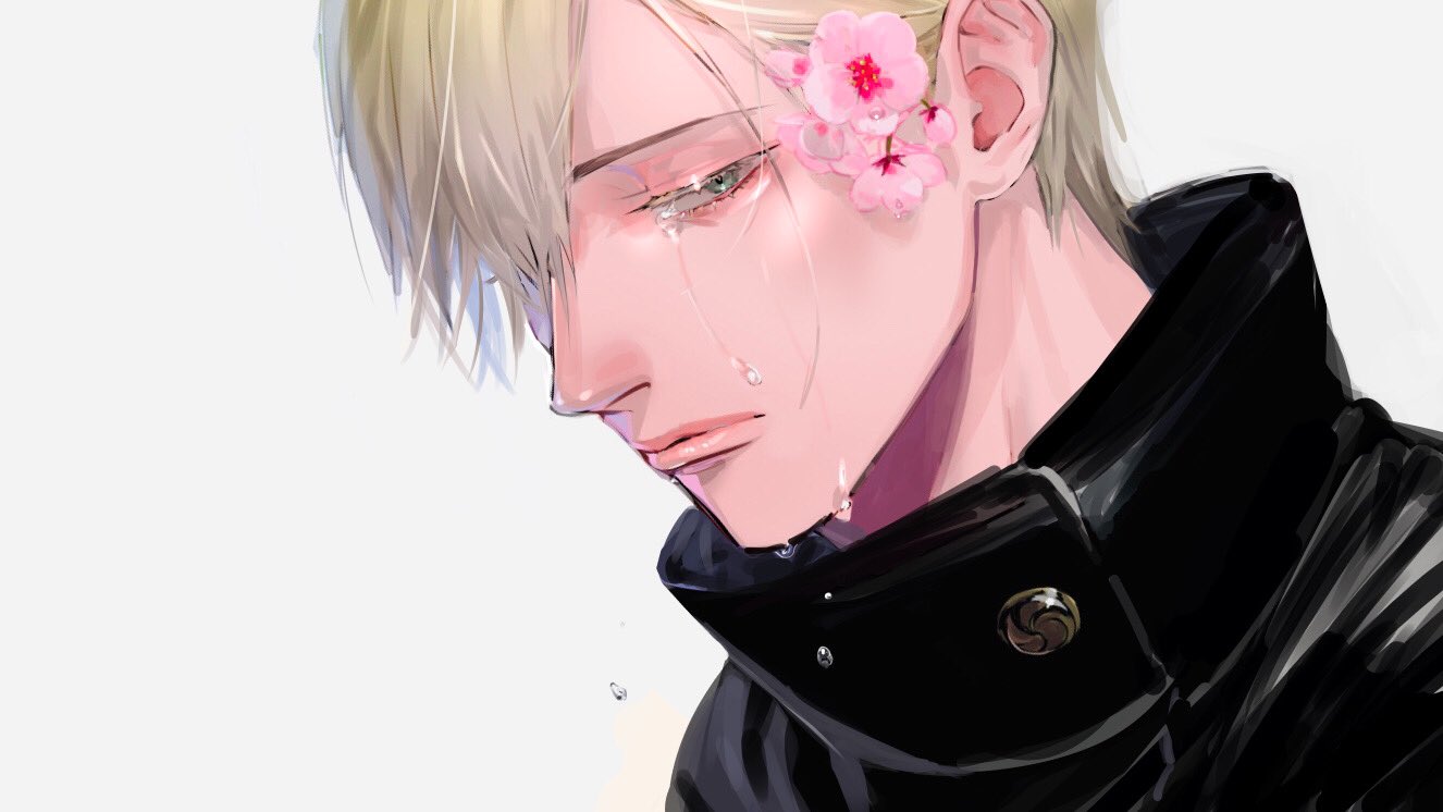 Safebooru - 1boy black shirt blonde hair brown eyes cherry blossoms ...