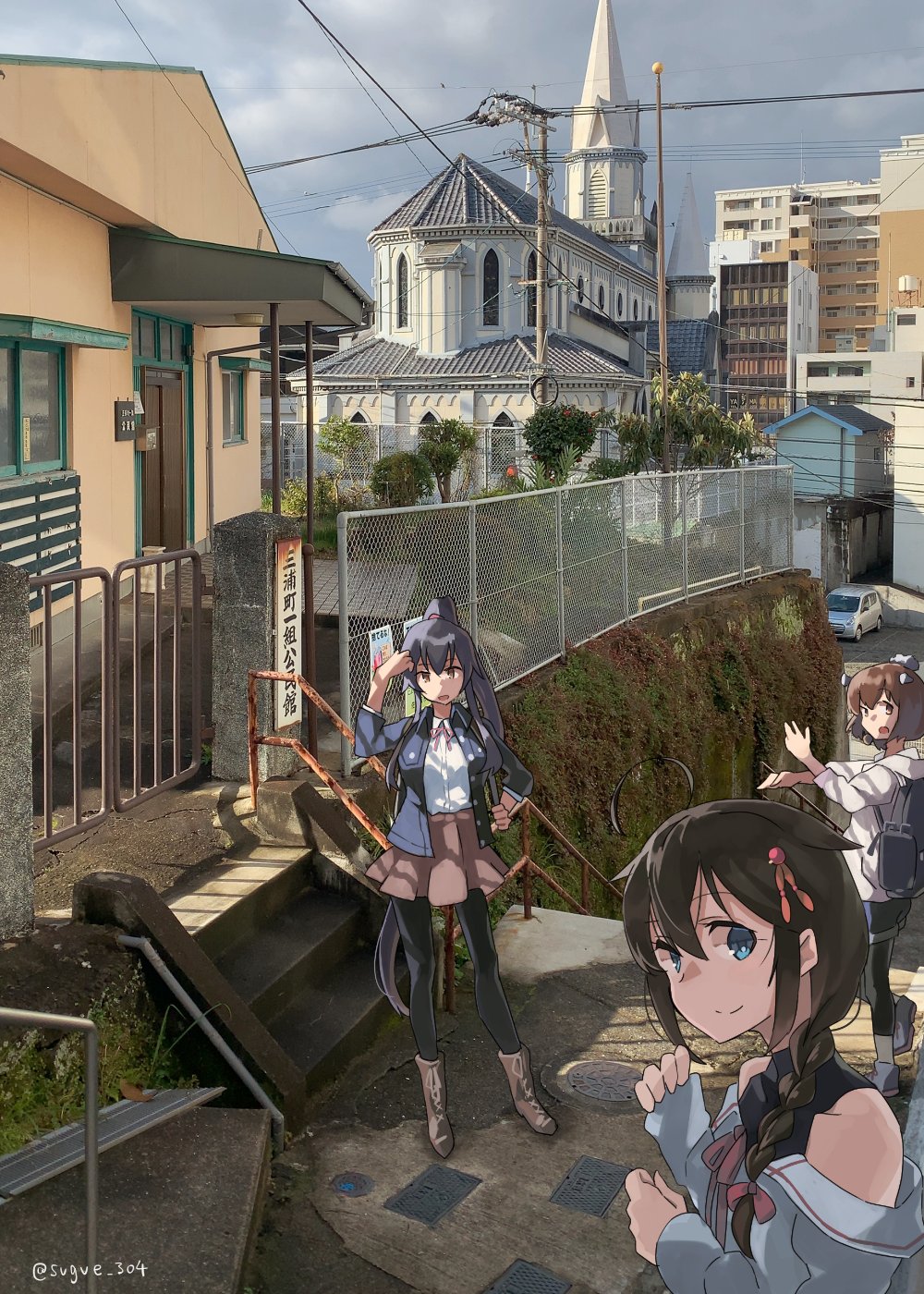 Safebooru - 3girls ahoge alternate costume backpack bag black hair black jacket black pantyhose ...