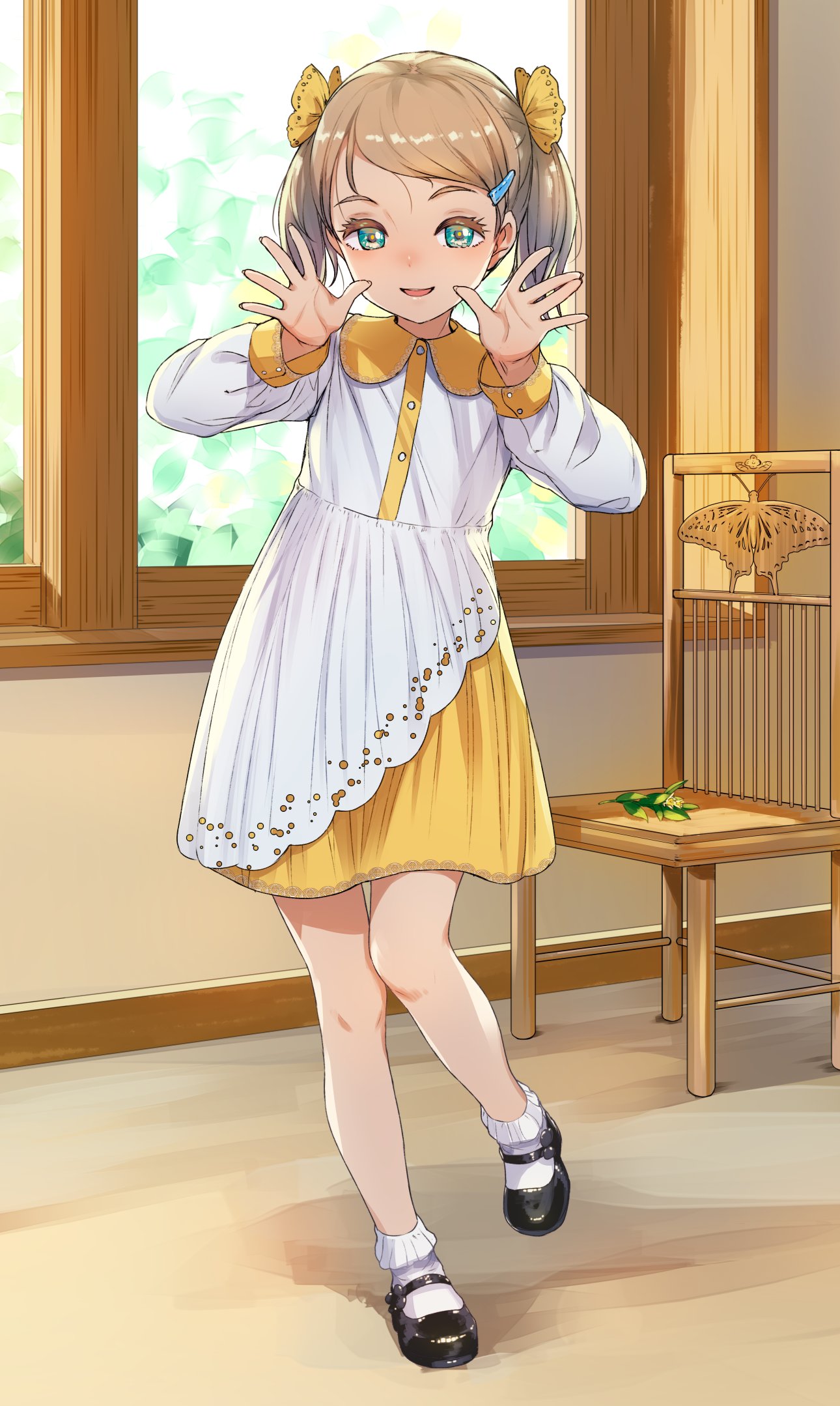 Safebooru - 1girl bangs black footwear blonde hair bow chair child commentary request dress ...