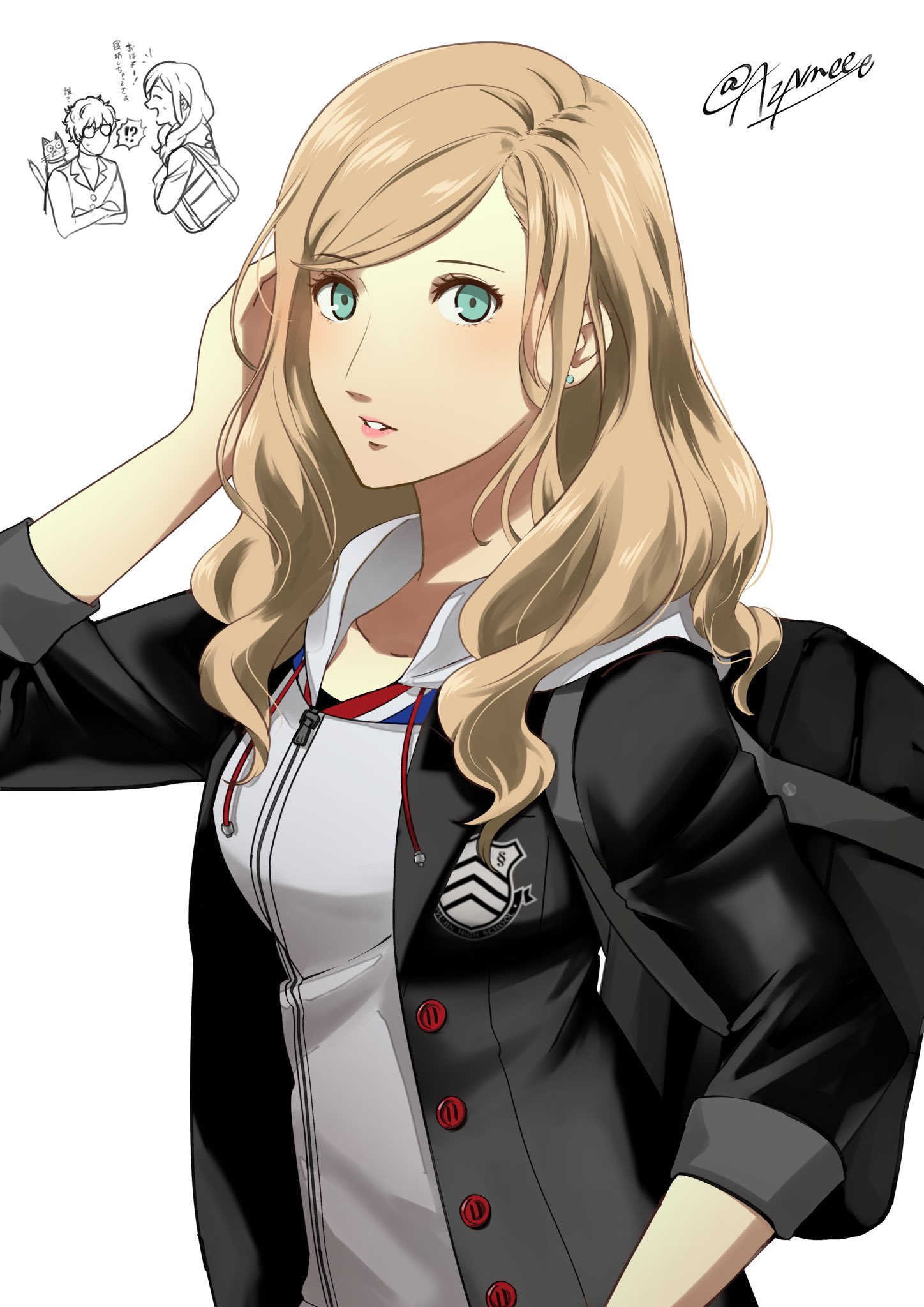 Safebooru - !? 1girl 2boys amamiya ren aqua eyes aznmeee bag bangs ...