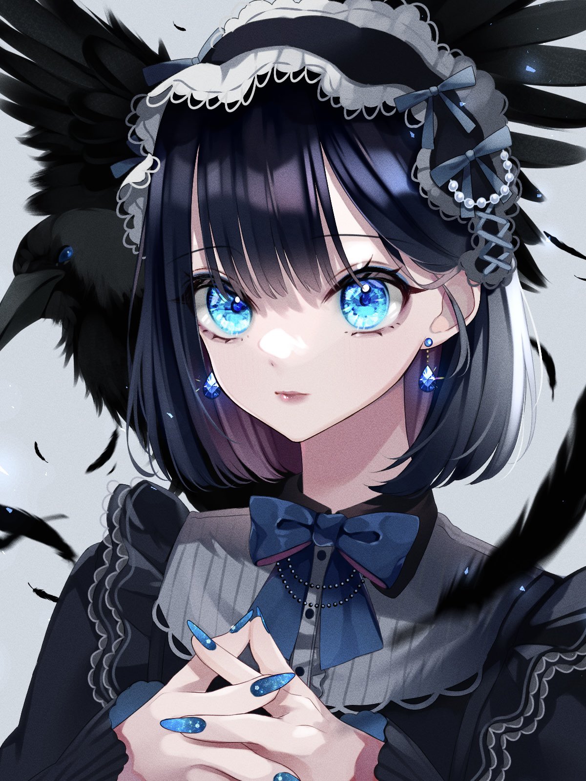 Safebooru - 1girl bangs bird black feathers black hair blue eyes blue nails bow bowtie crow ...