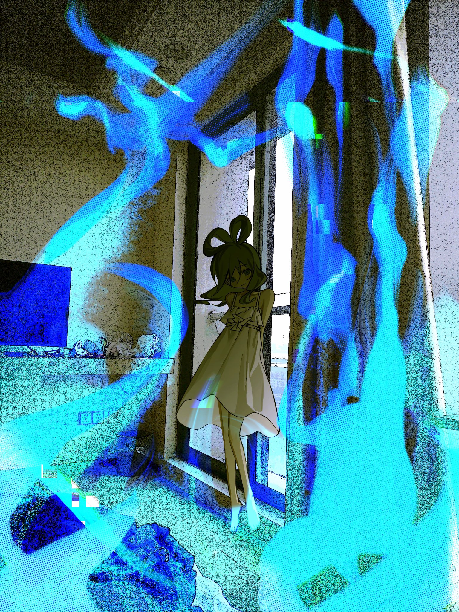 Safebooru - 1girl alternate costume arms behind back blue eyes blue fire blue hair closed mouth ...