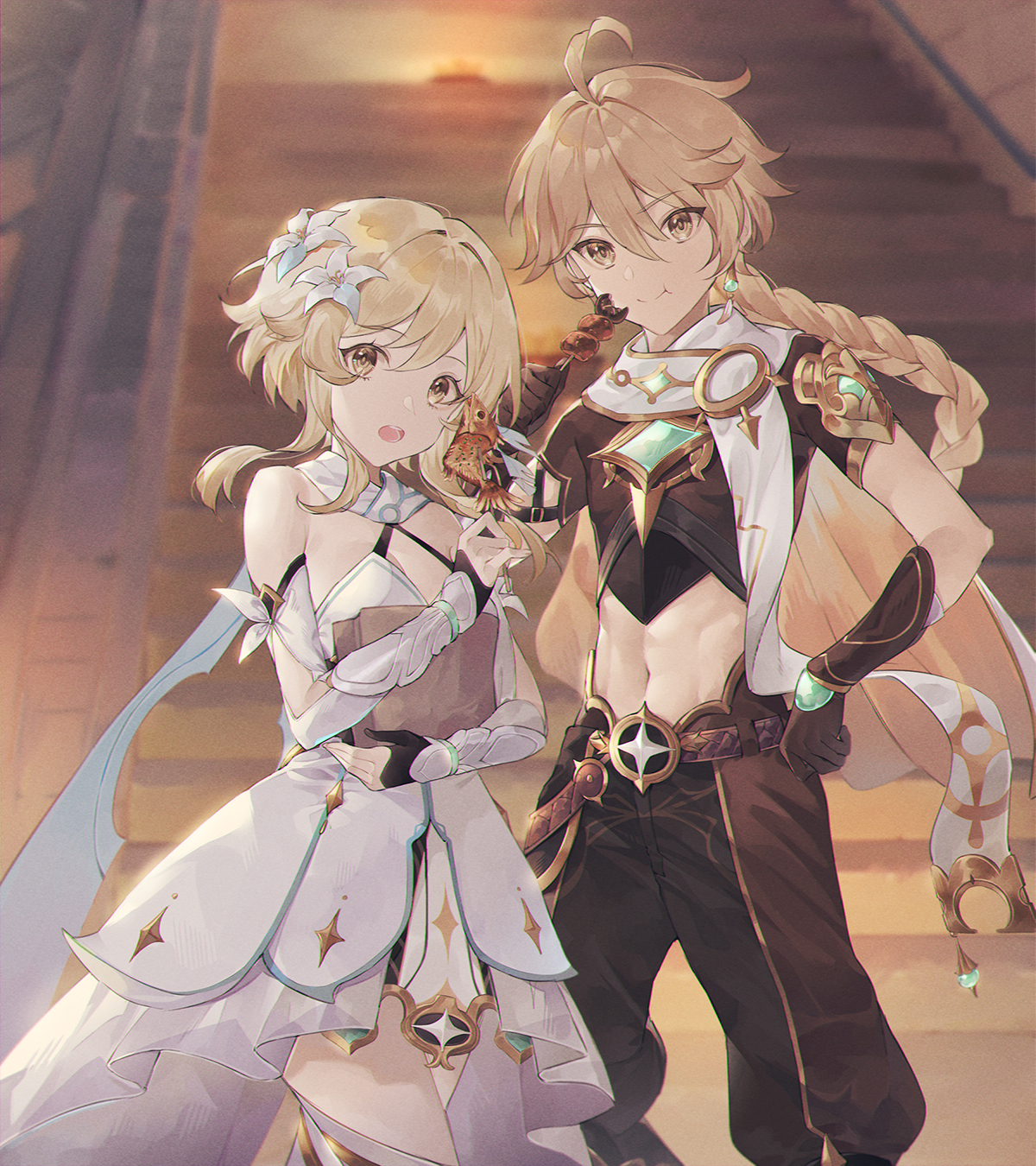 Safebooru - 1boy 1girl aether (genshin impact) ahoge armor bare shoulders blonde hair braid ...