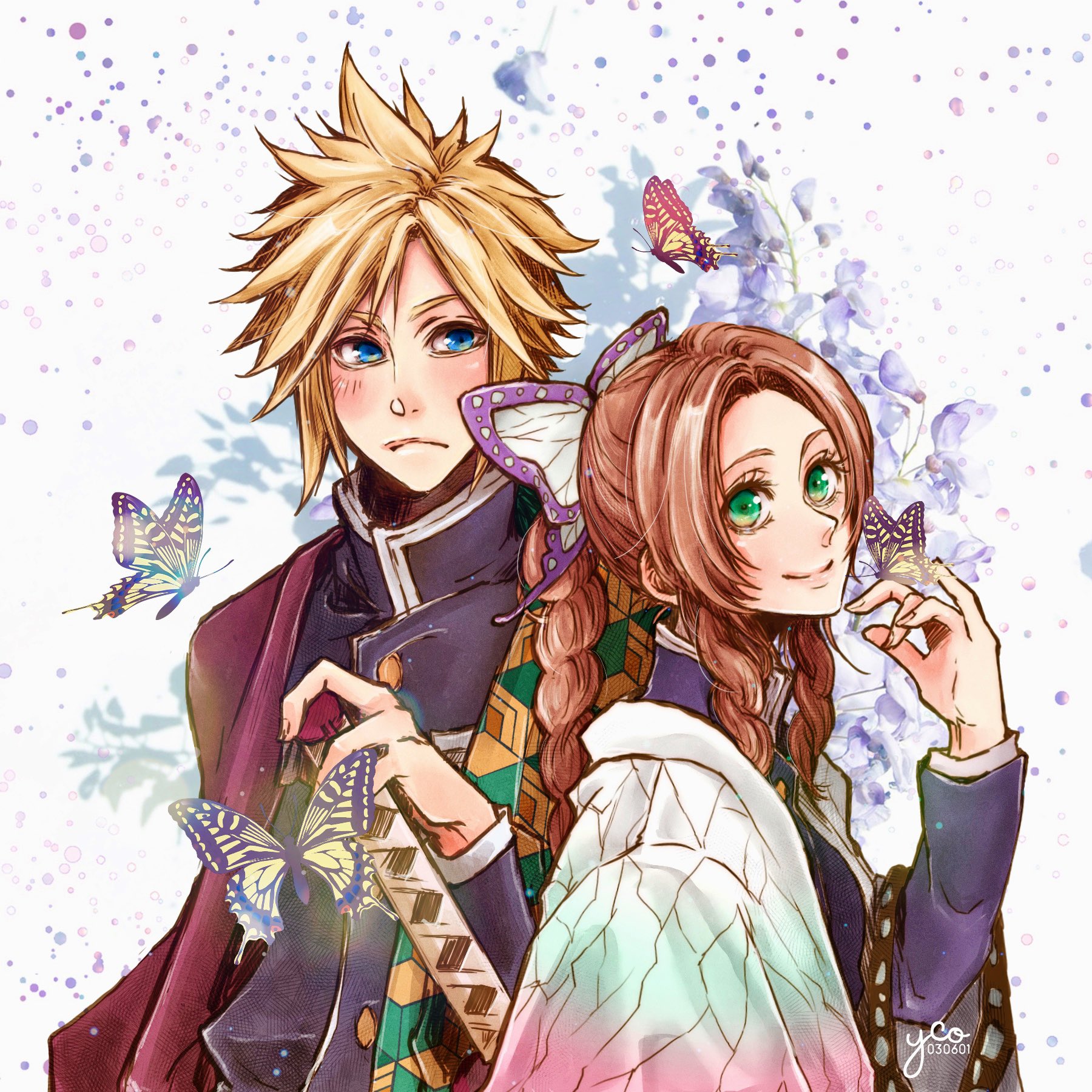 Safebooru - 1boy 1girl aerith gainsborough animal print artist name bangs black jacket blonde ...