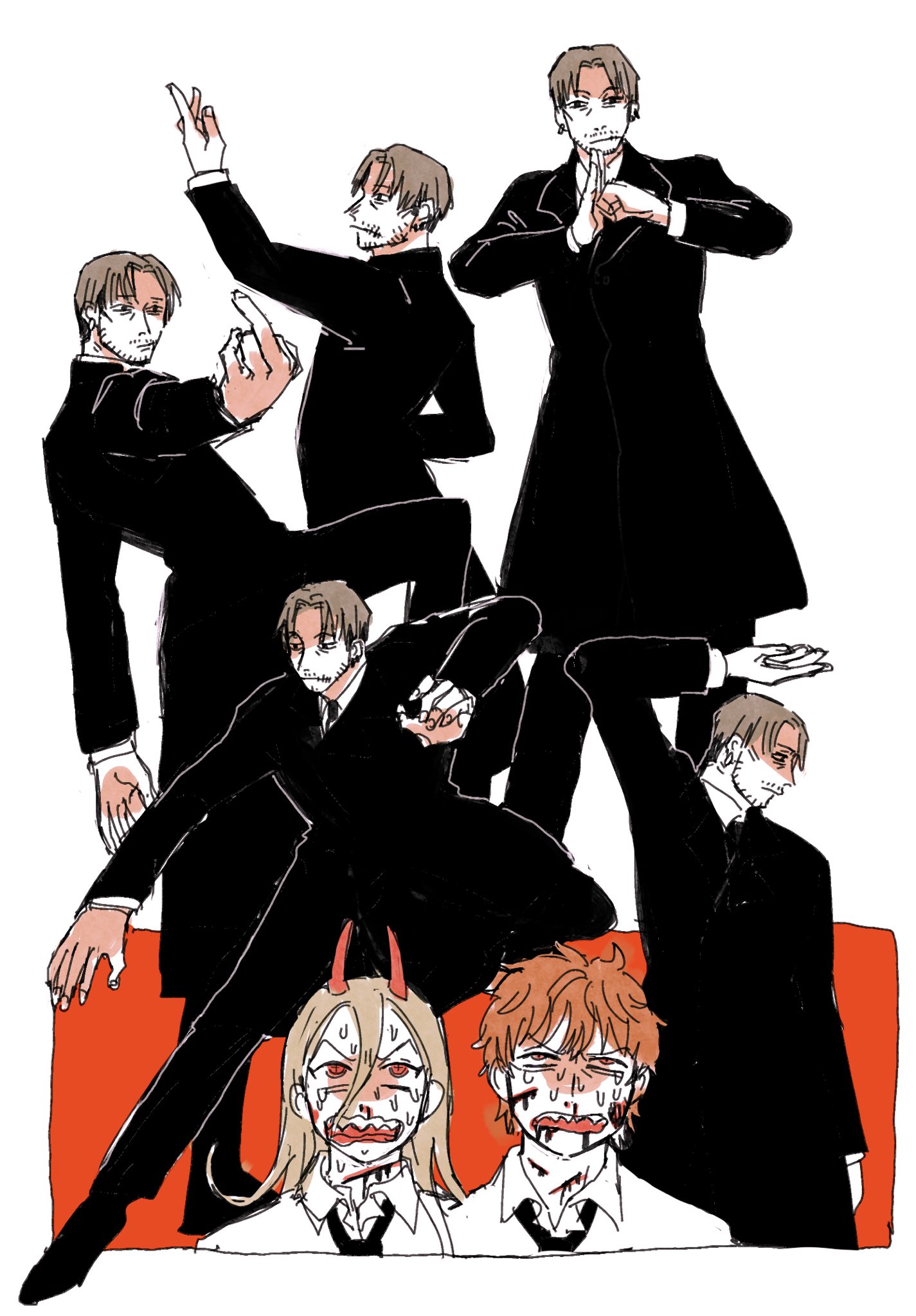 Safebooru - 1girl 2boys black coat black necktie black pants blood ...