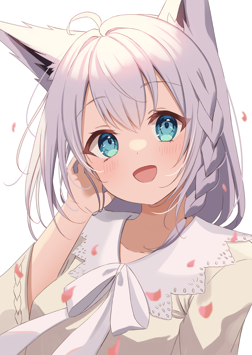 Safebooru - 1girl adjusting hair ahoge animal ear fluff animal ears bangs blush braid commentary ...
