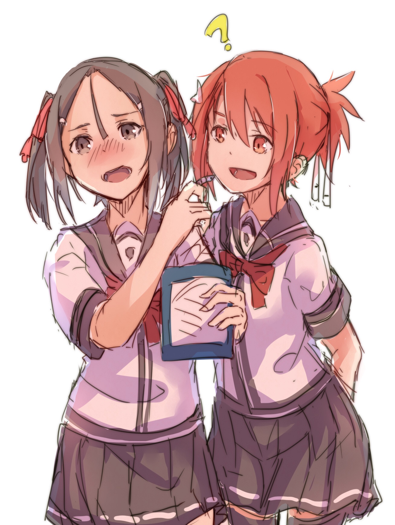 Safebooru - 2girls :d ? arm behind back bangs black sailor collar black skirt blush bow brown ...