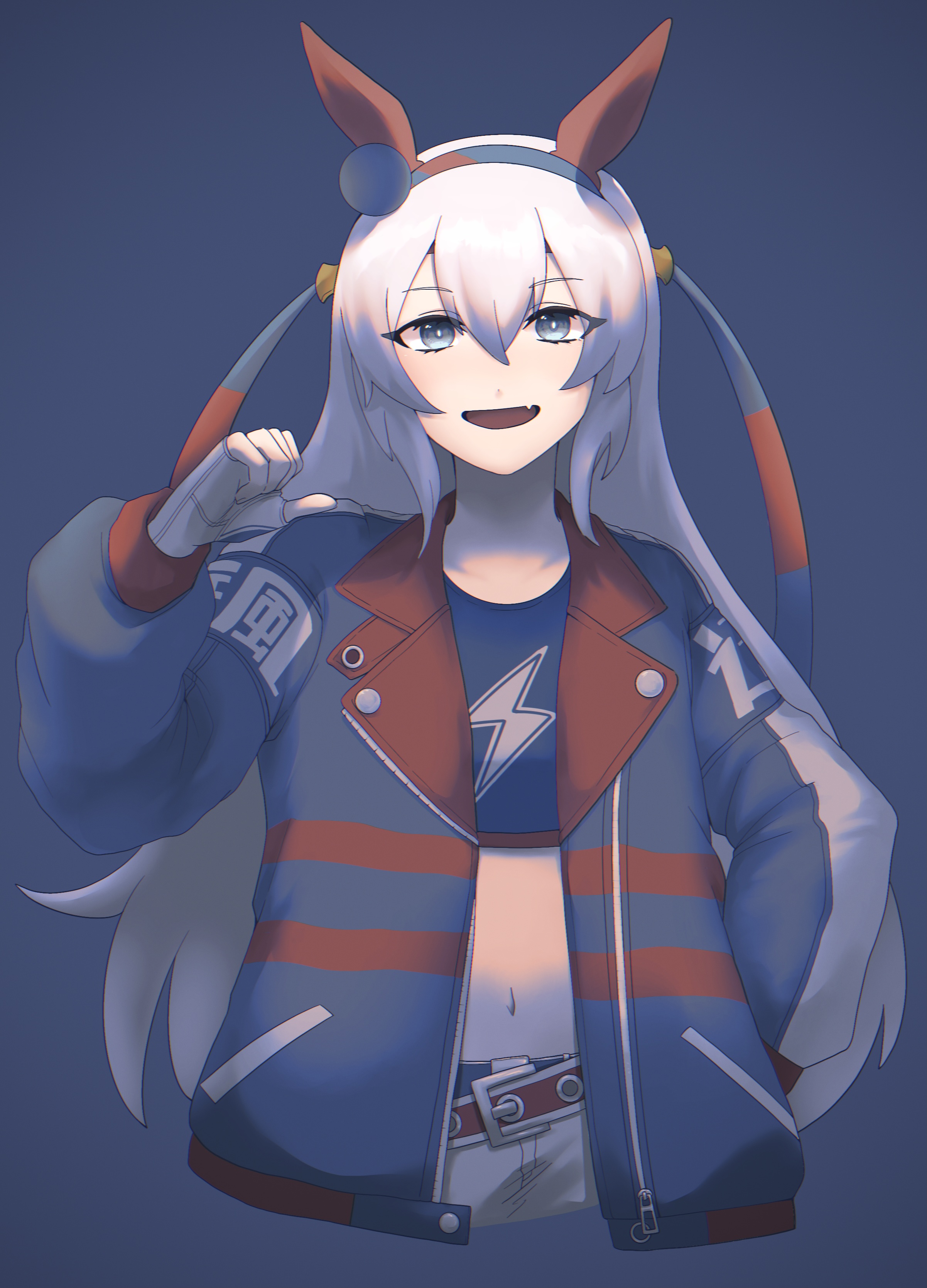 Safebooru - 1girl :d absurdres animal ears bangs belt belt buckle blue background blue hairband ...