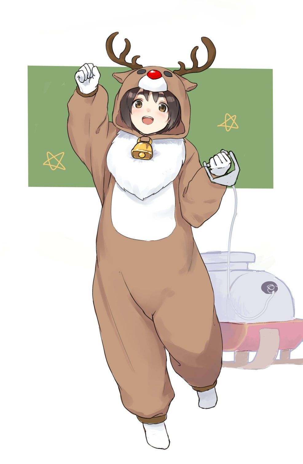 Safebooru - 1girl alternate costume animal costume animal hood arm up bangs bell black hair ...