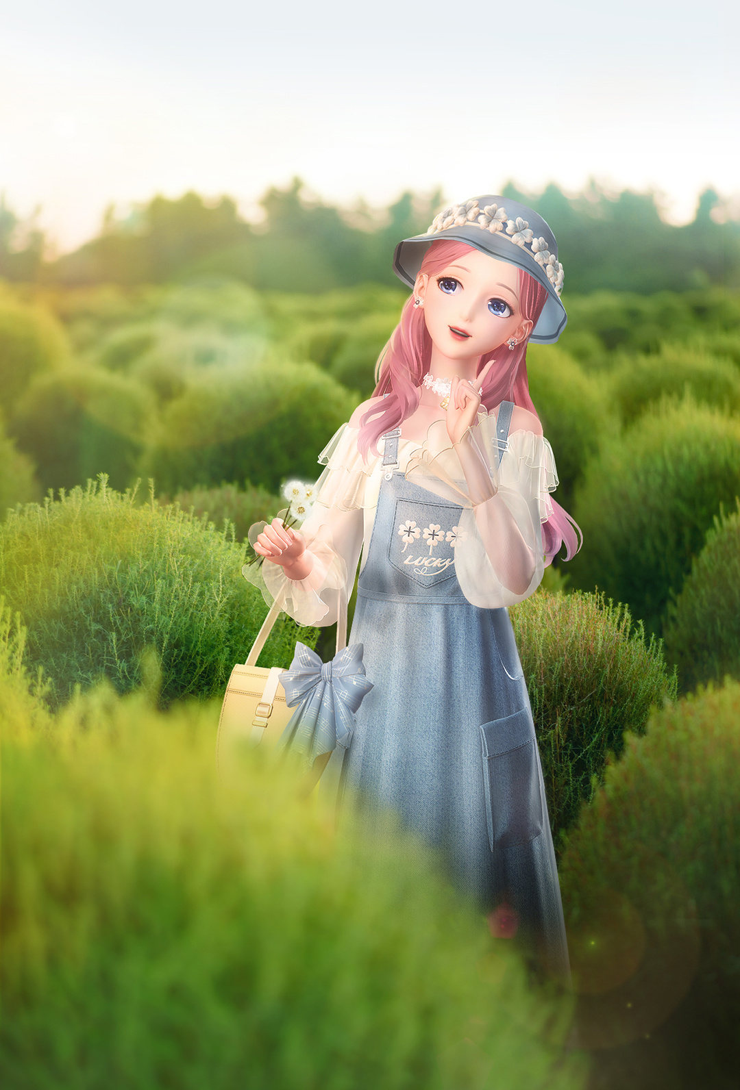 Safebooru - 1girl bag blue eyes blue headwear blue skirt blurry blurry background blurry ...