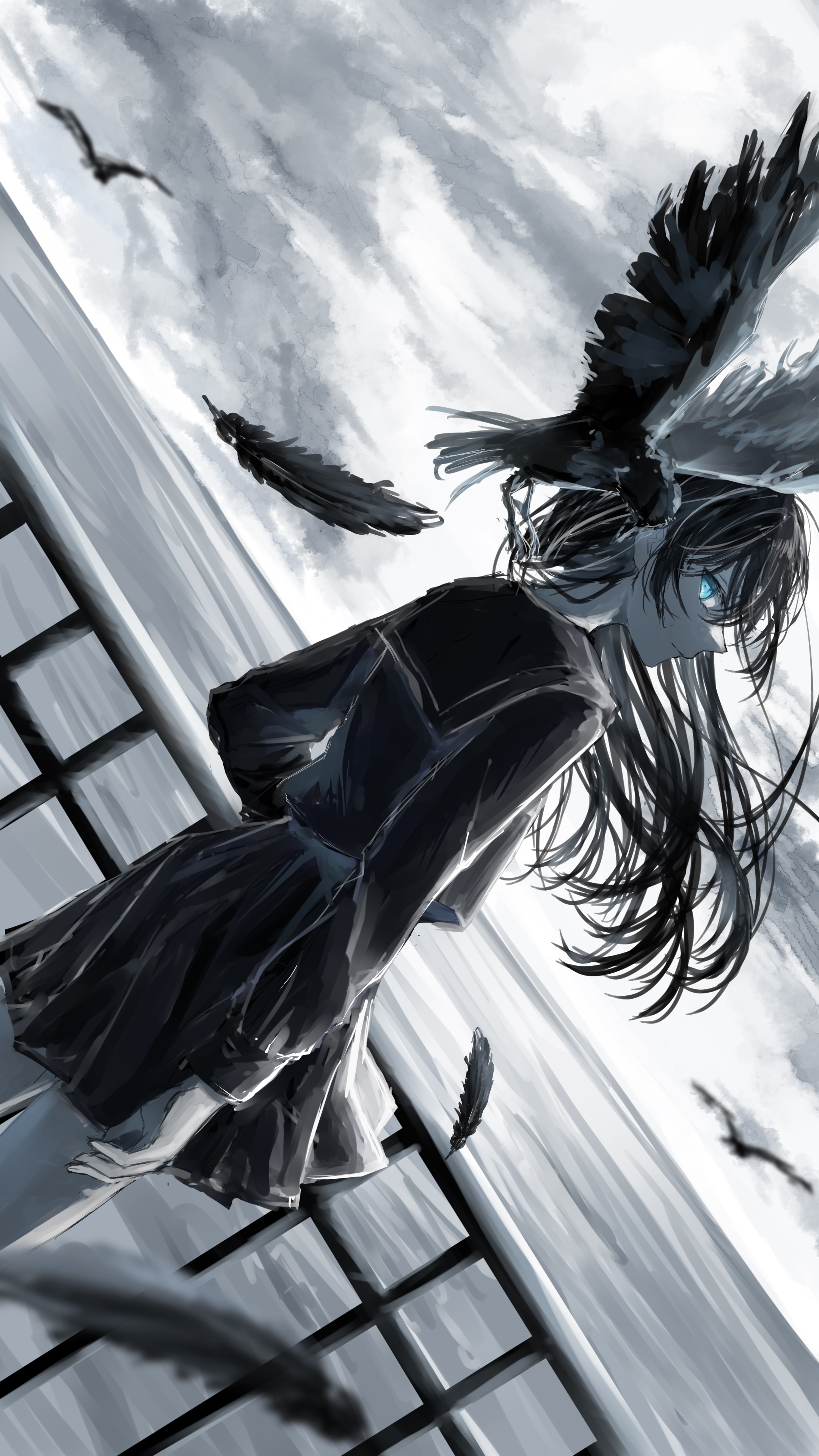 Safebooru - 1girl absurdres arm at side bangs bird black feathers black hair black sailor collar ...