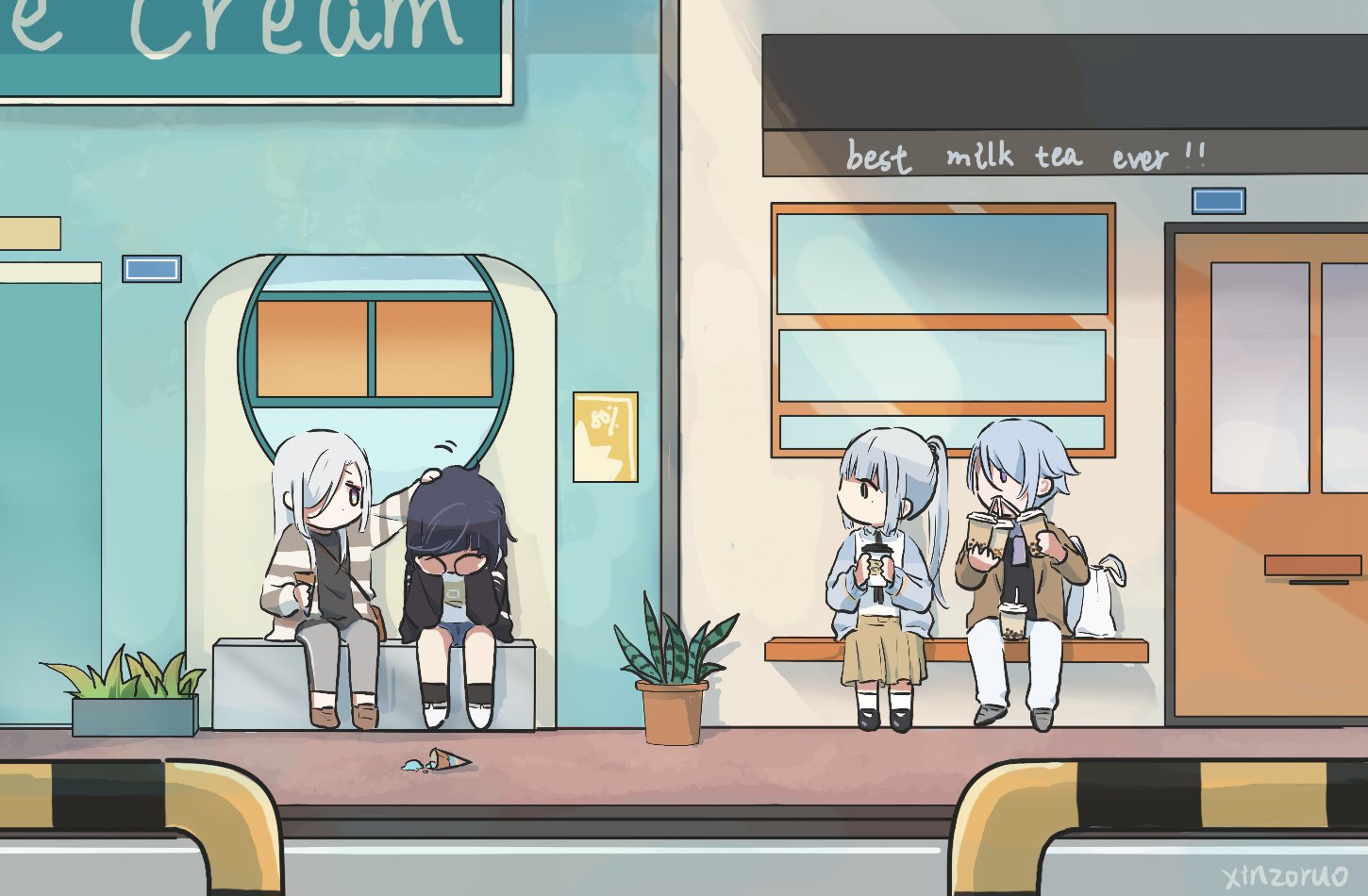 Safebooru - 1boy 3girls black hair black jacket black shirt black socks blue hair blue jacket ...