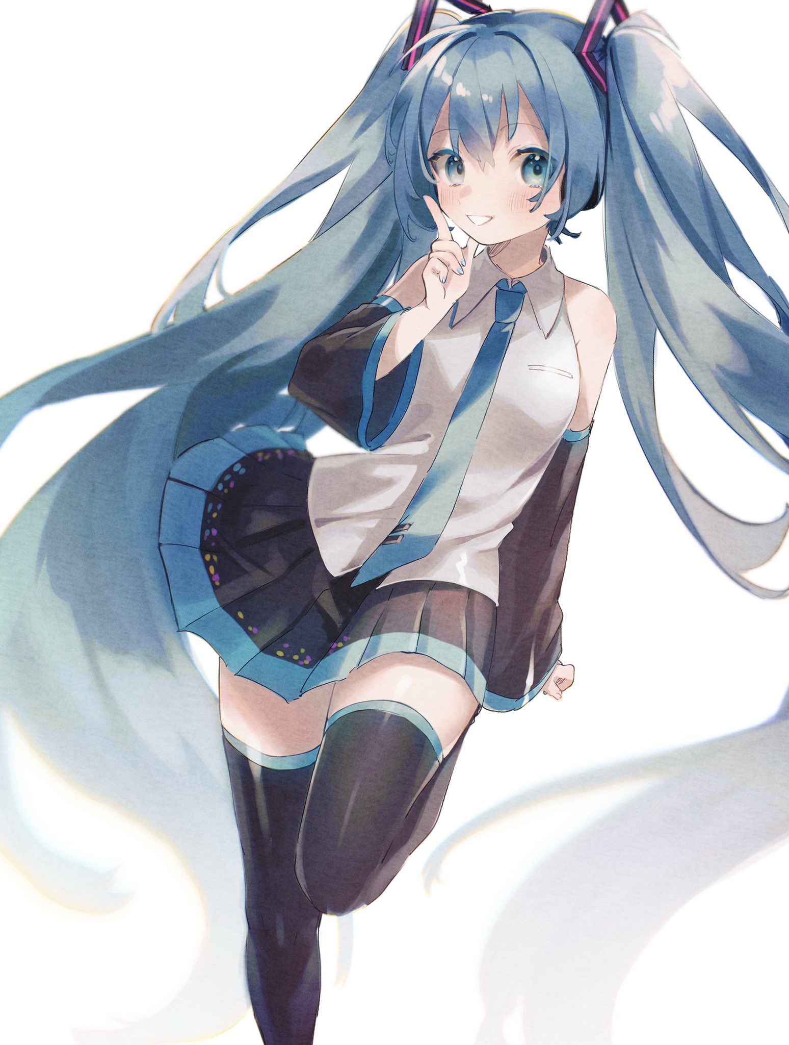 Safebooru - 1girl aqua eyes aqua hair bare shoulders black thighhighs blush collared shirt ...