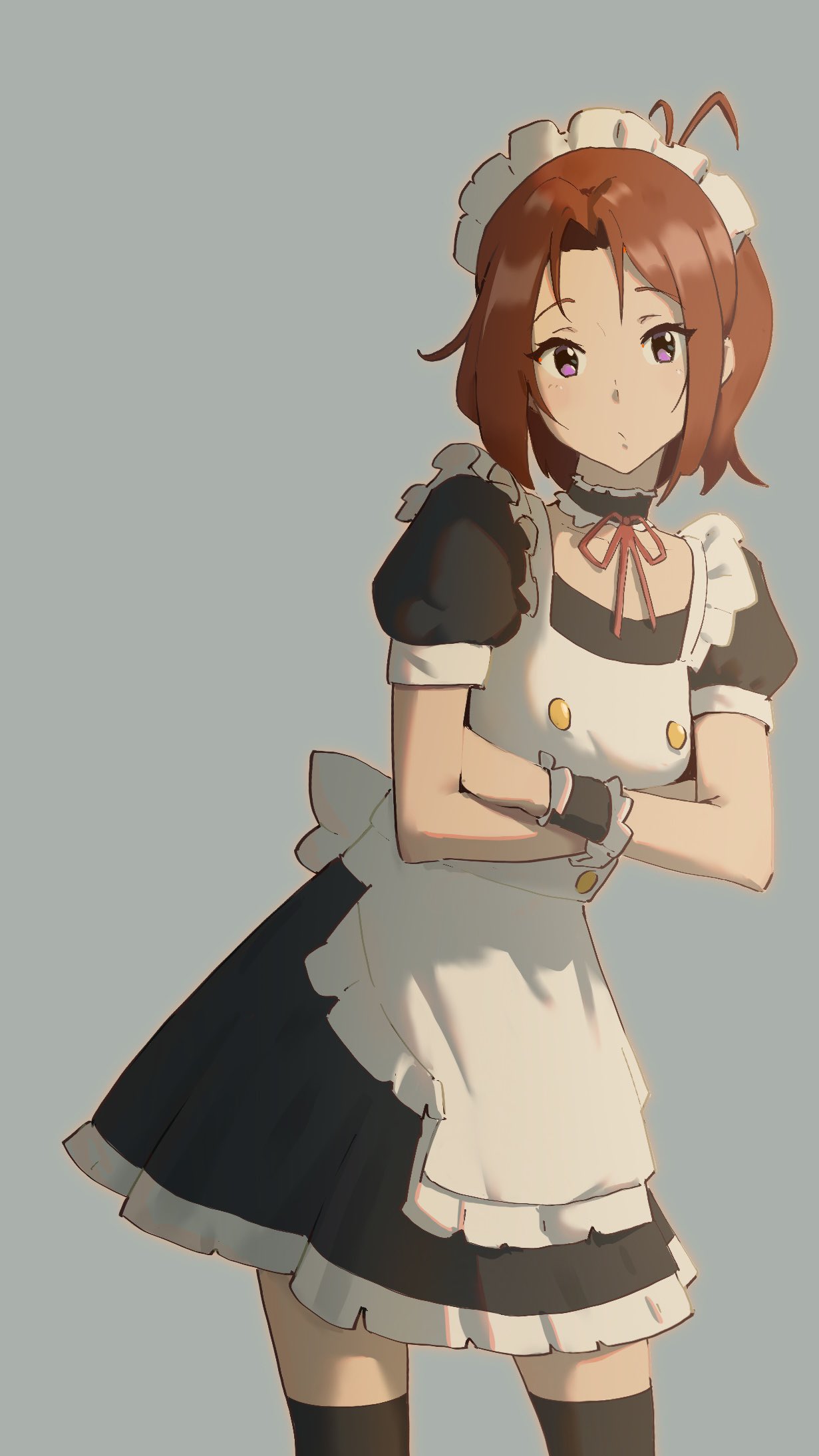 Safebooru - 1girl apron black dress black thighhighs brown hair crossed arms dress ...