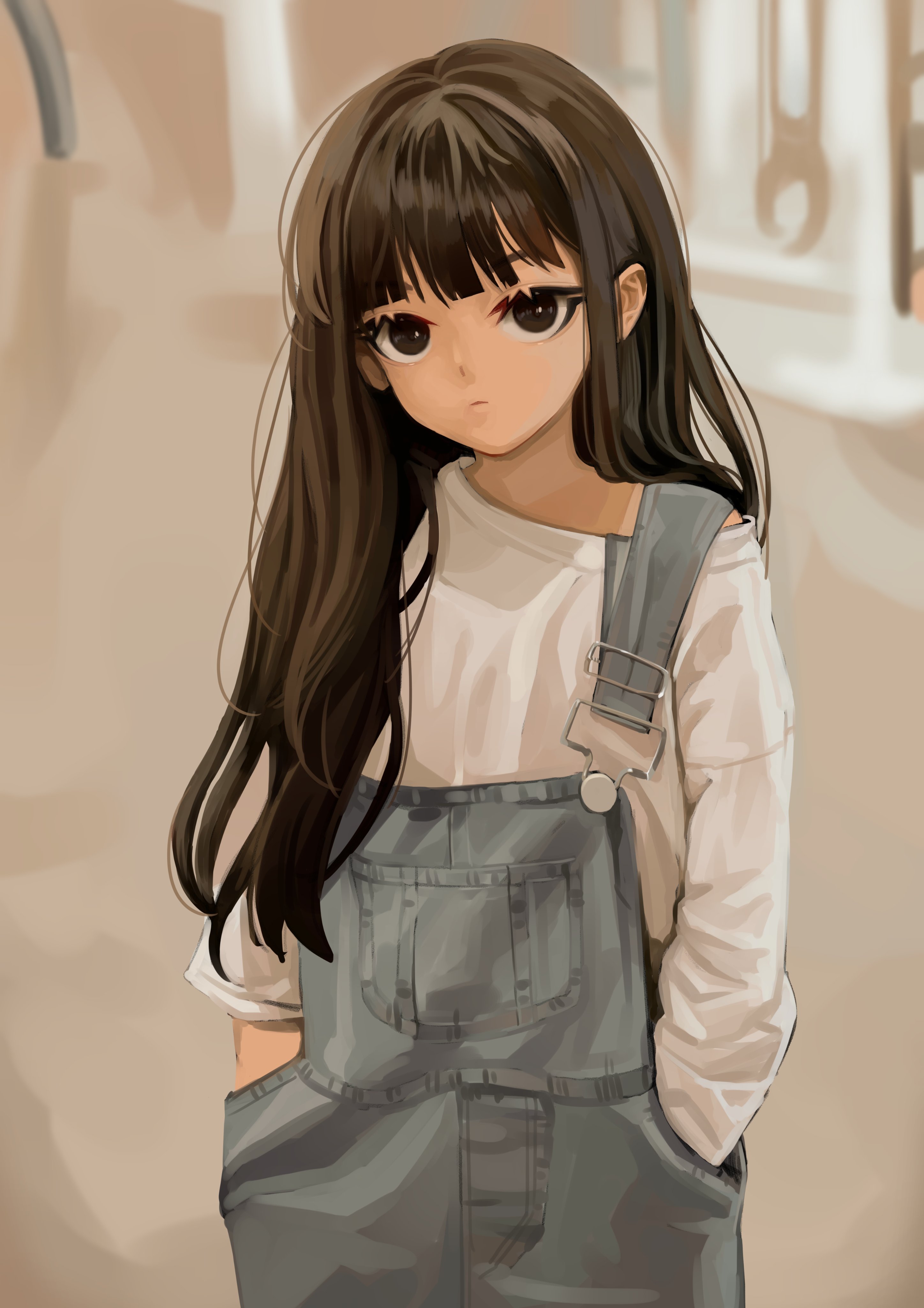 Safebooru - 1girl absurdres bangs blue overalls blunt bangs brown eyes brown hair ch1ckpyo ...