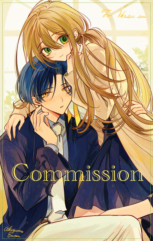 Safebooru - 1boy 1girl akiyama enma arm around shoulder arm around waist artist name bangs blue ...