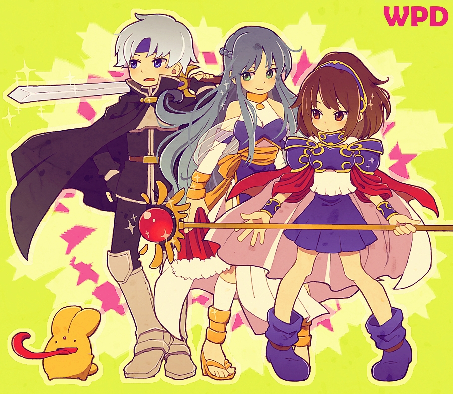 Safebooru - 1boy 1other 2girls arle nadja armor black cape blue eyes blue skirt blue sky boots ...