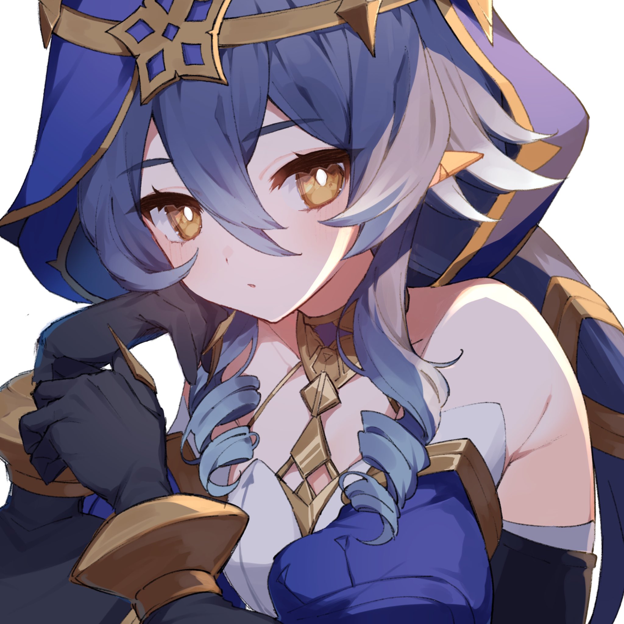 Safebooru - 1girl bangs bare shoulders black gloves blue hair blue hood blush breasts brown ...