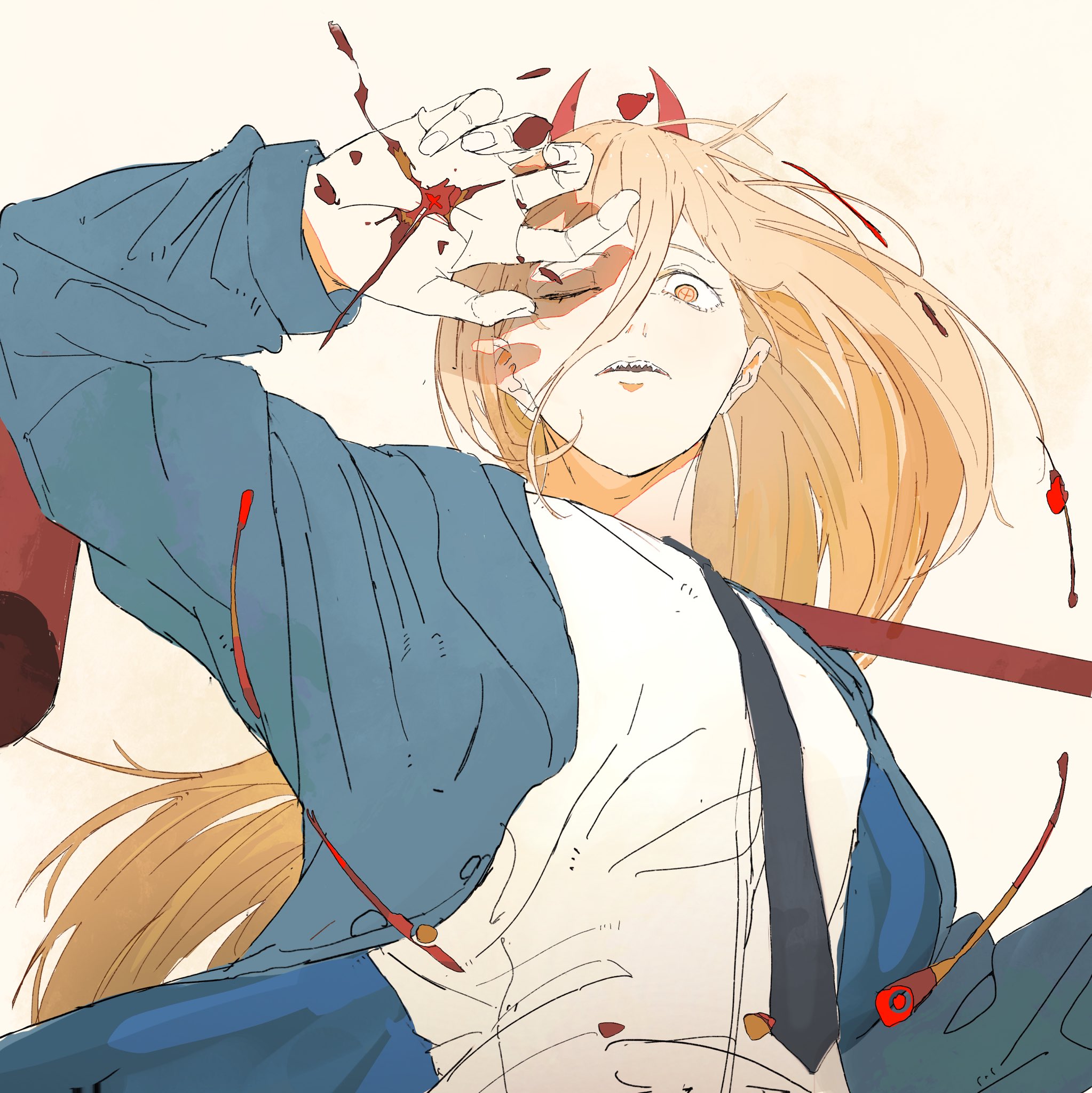 Safebooru - 1girl black necktie blonde hair blue jacket chainsaw man collared shirt cross-shaped ...