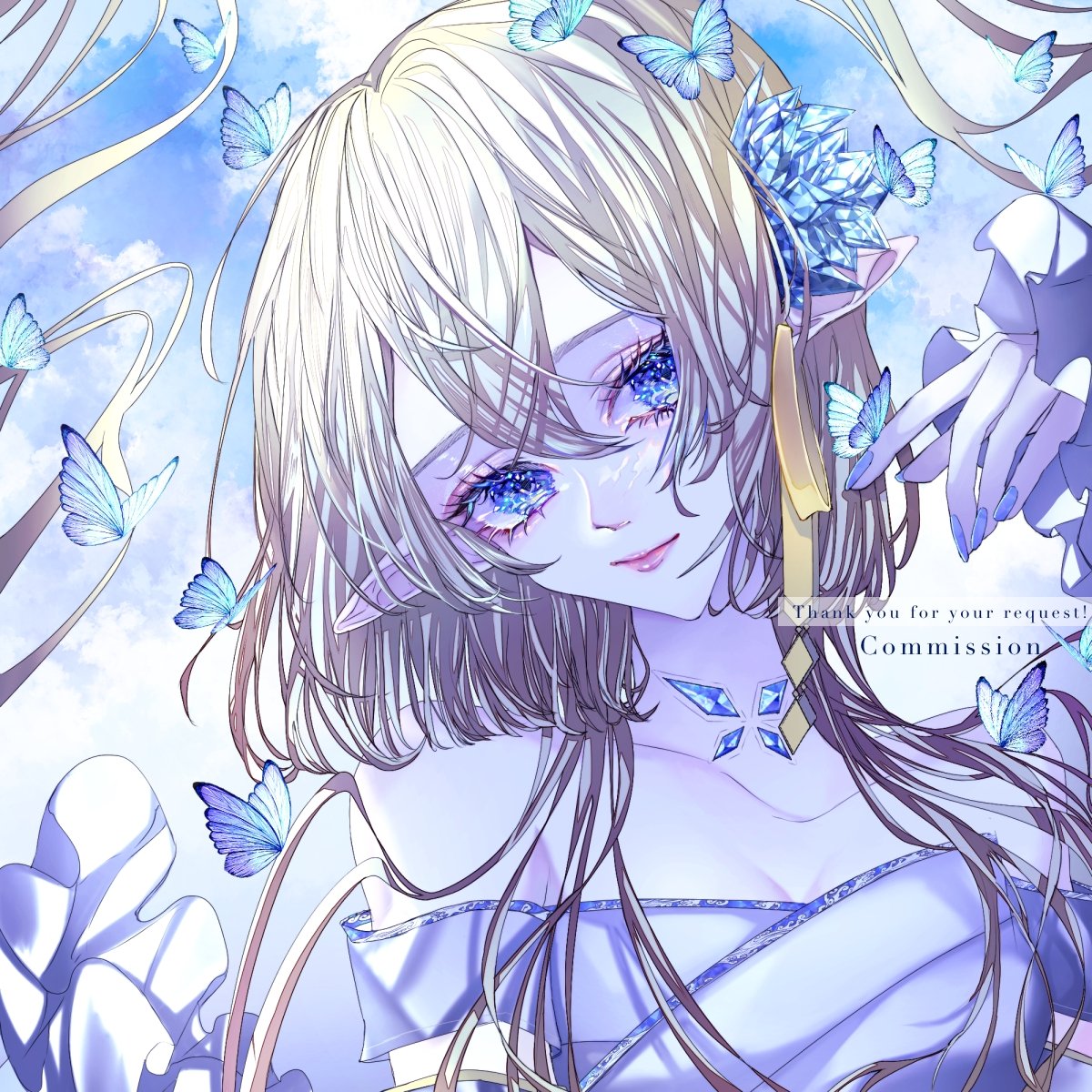 Safebooru - 1girl bare shoulders blonde hair blue butterfly blue eyes bug butterfly butterfly on ...