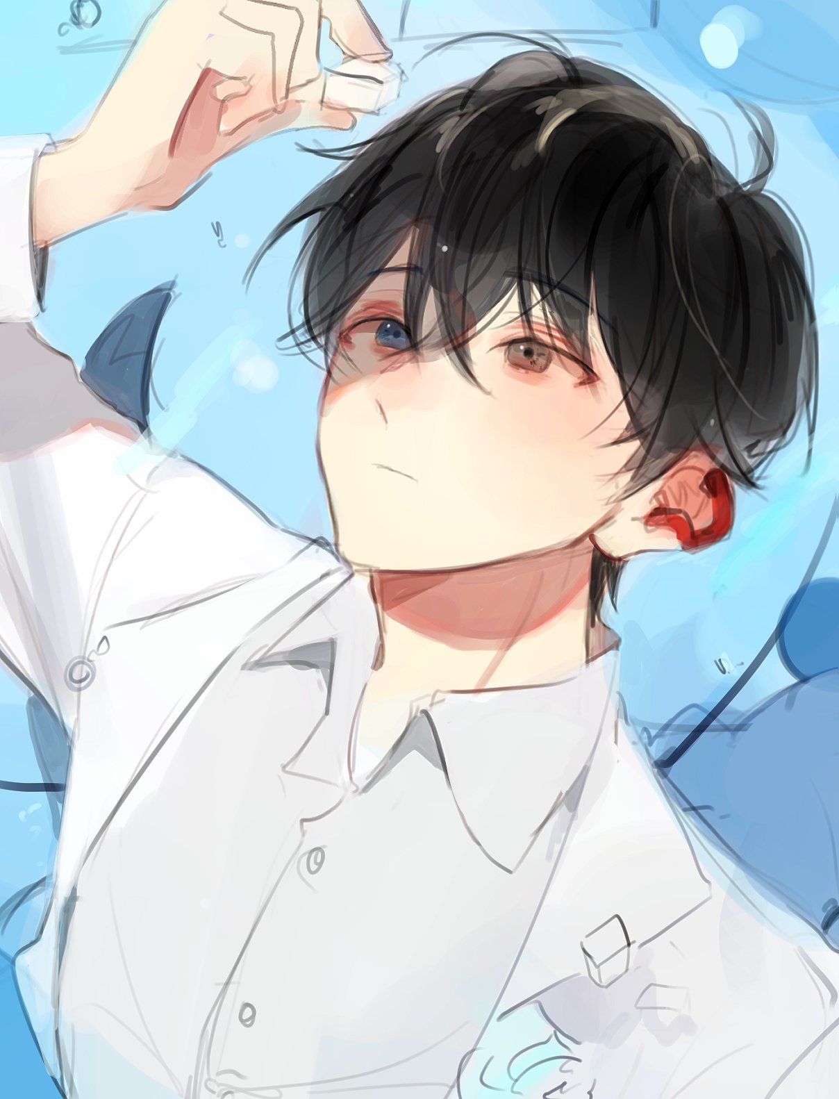 Safebooru - 1boy arm up bangs black hair blue eyes closed mouth ...
