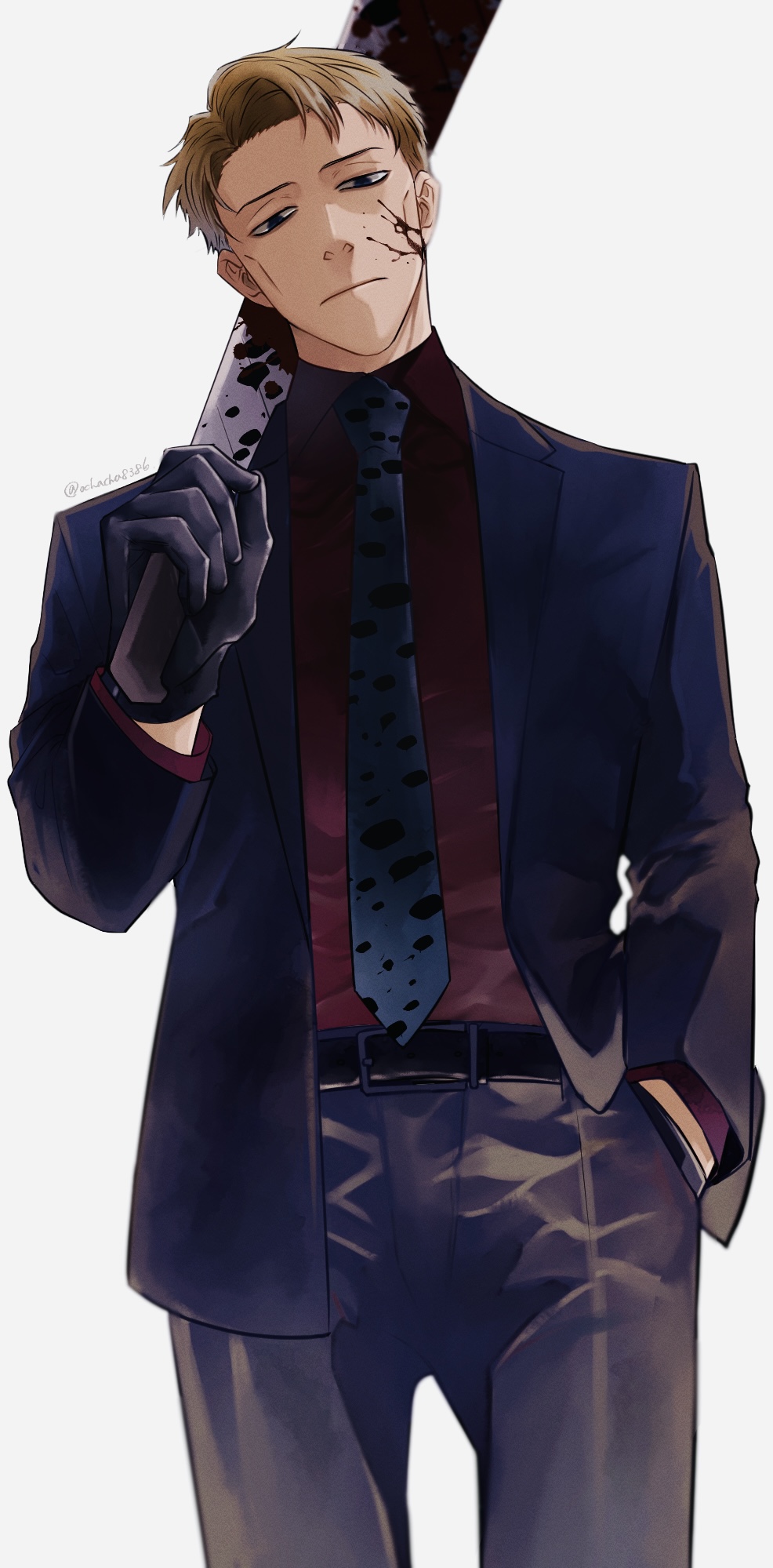 Safebooru - 1boy animal print black gloves black jacket black necktie black suit blonde hair ...