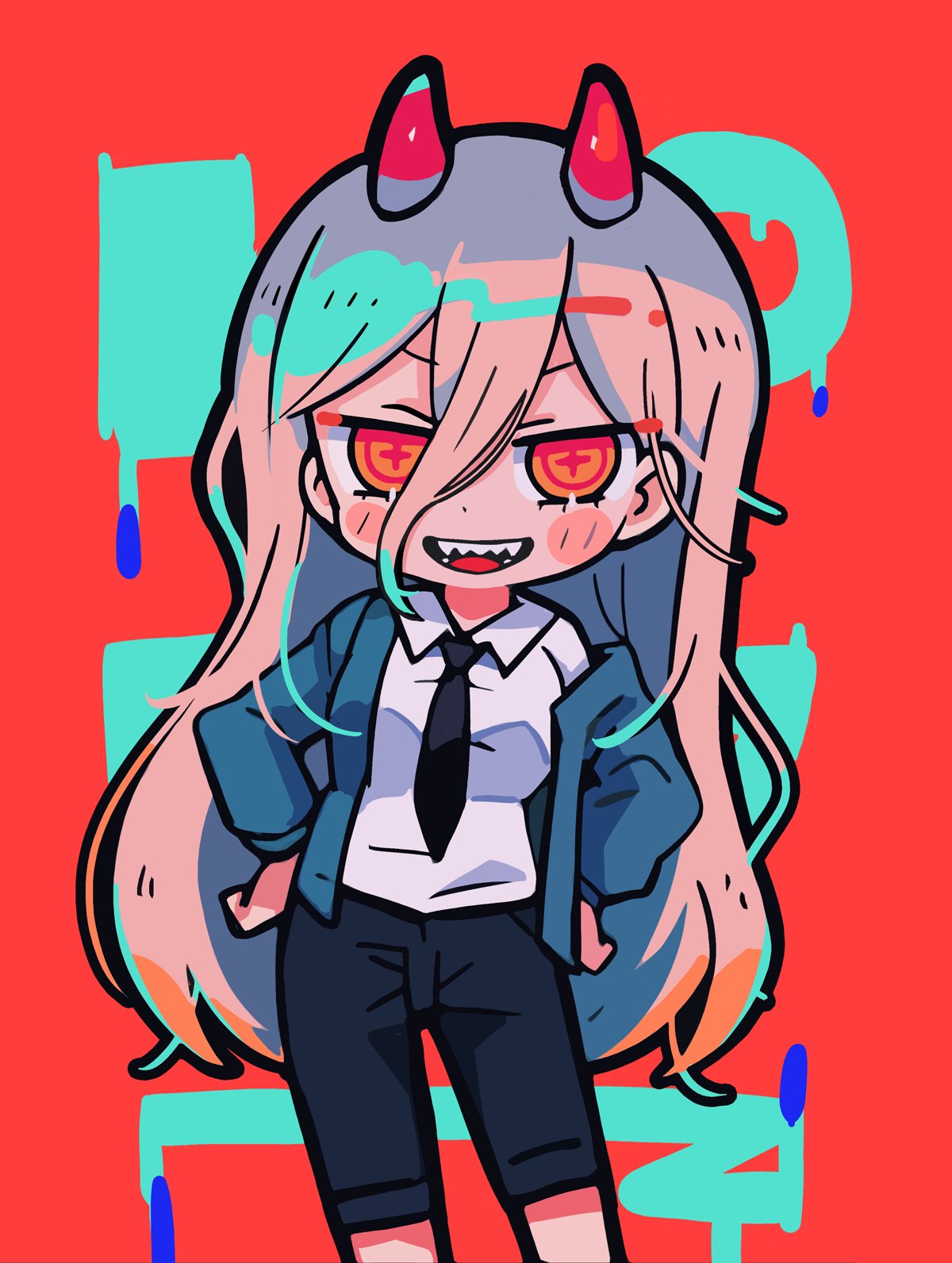 Safebooru - 1girl black necktie black pants blue jacket chainsaw man collared shirt cross-shaped ...