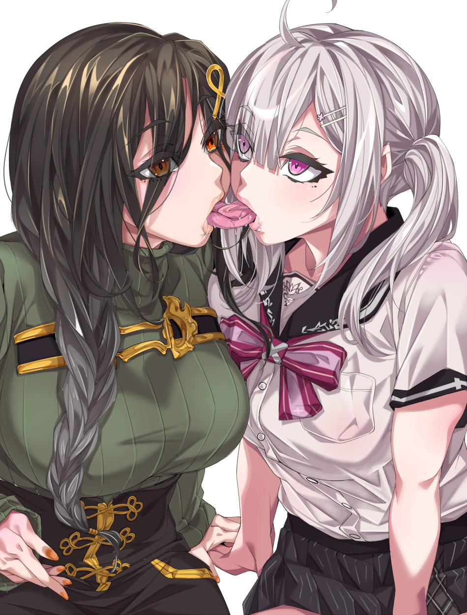 Safebooru - 2girls ahoge black hair black skirt braid breasts corset couple eye contact eyes ...