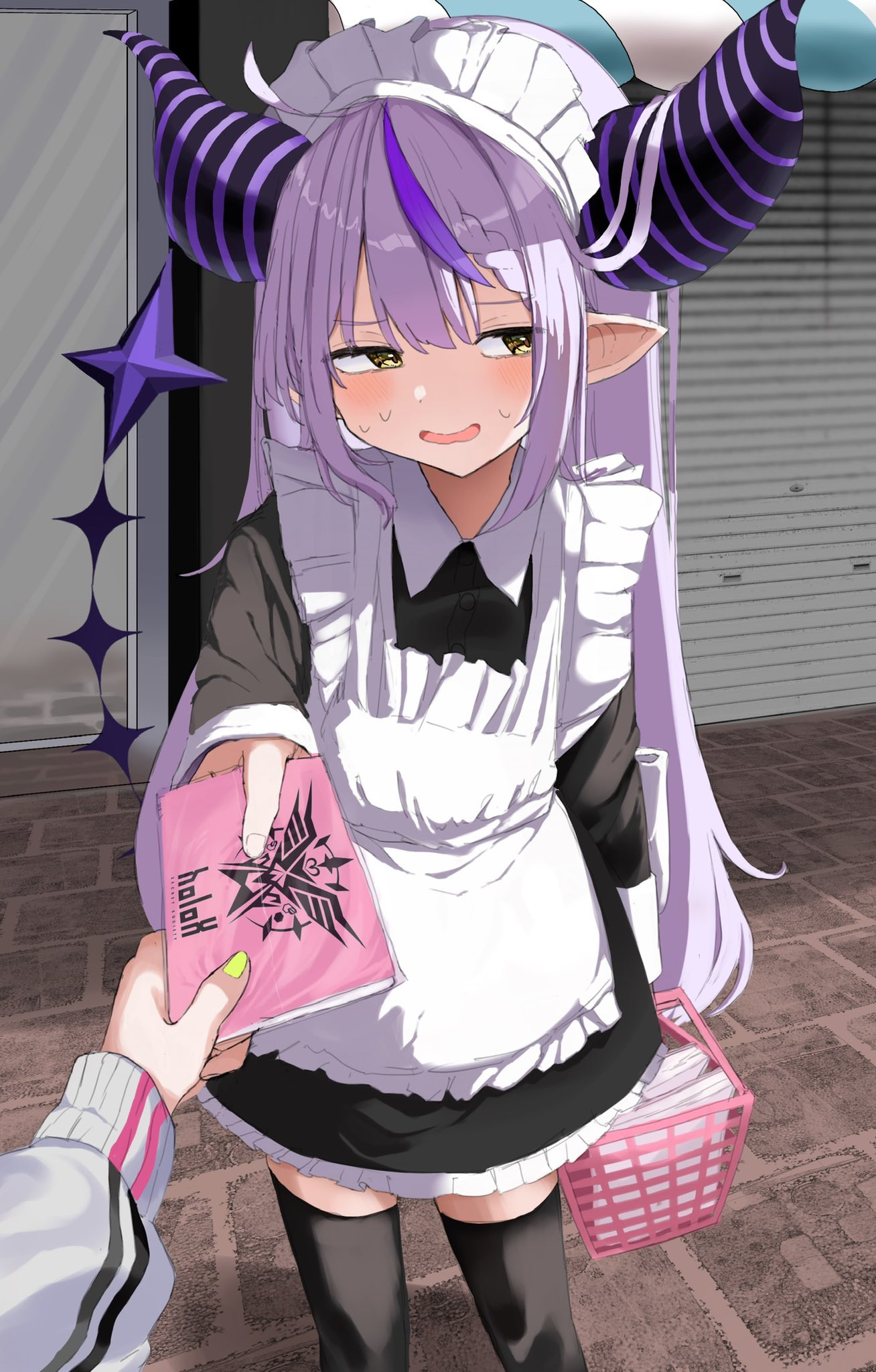 Safebooru - 1girl apron black thighhighs demon horns embarrassed hair ...