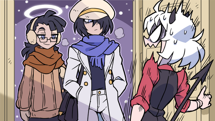 Safebooru - 3girls angel angel (helltaker) archangel (helltaker) bag black hair black horns ...