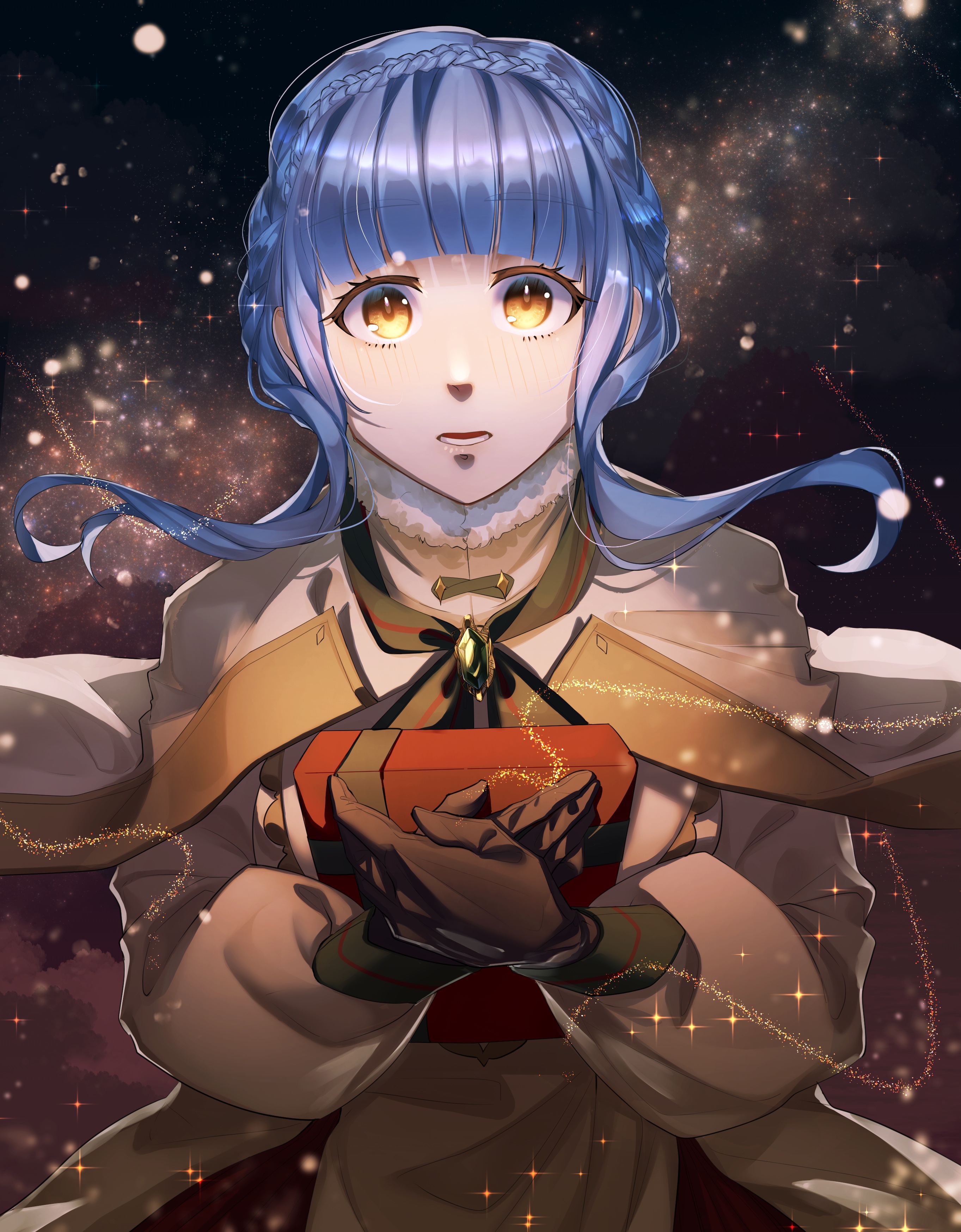 Safebooru - 1girl absurdres alternate costume bangs black gloves blue hair blunt bangs blush box ...