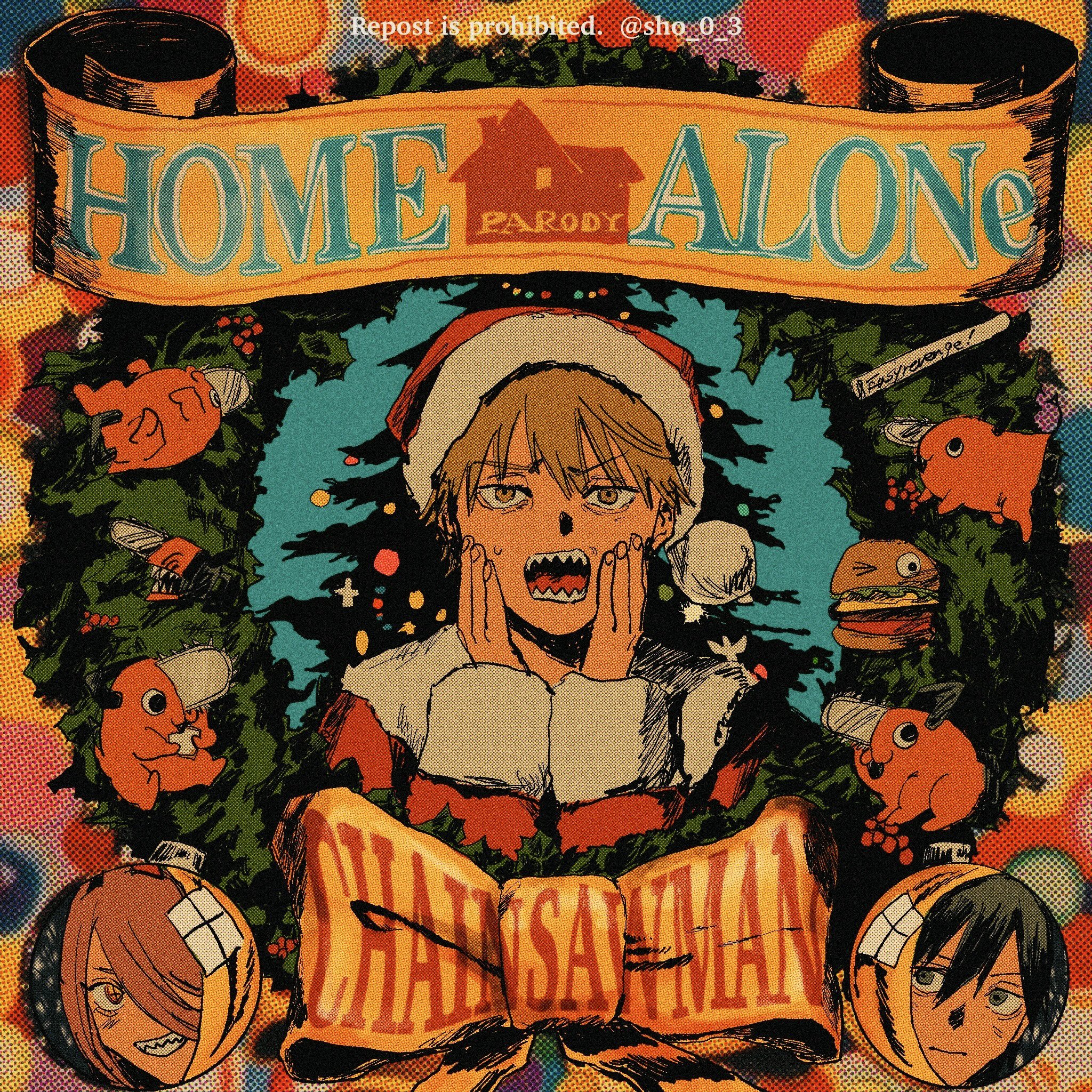 Safebooru - 1girl 2boys artist name bandages bandaid black hair blonde hair burger chainsaw man ...