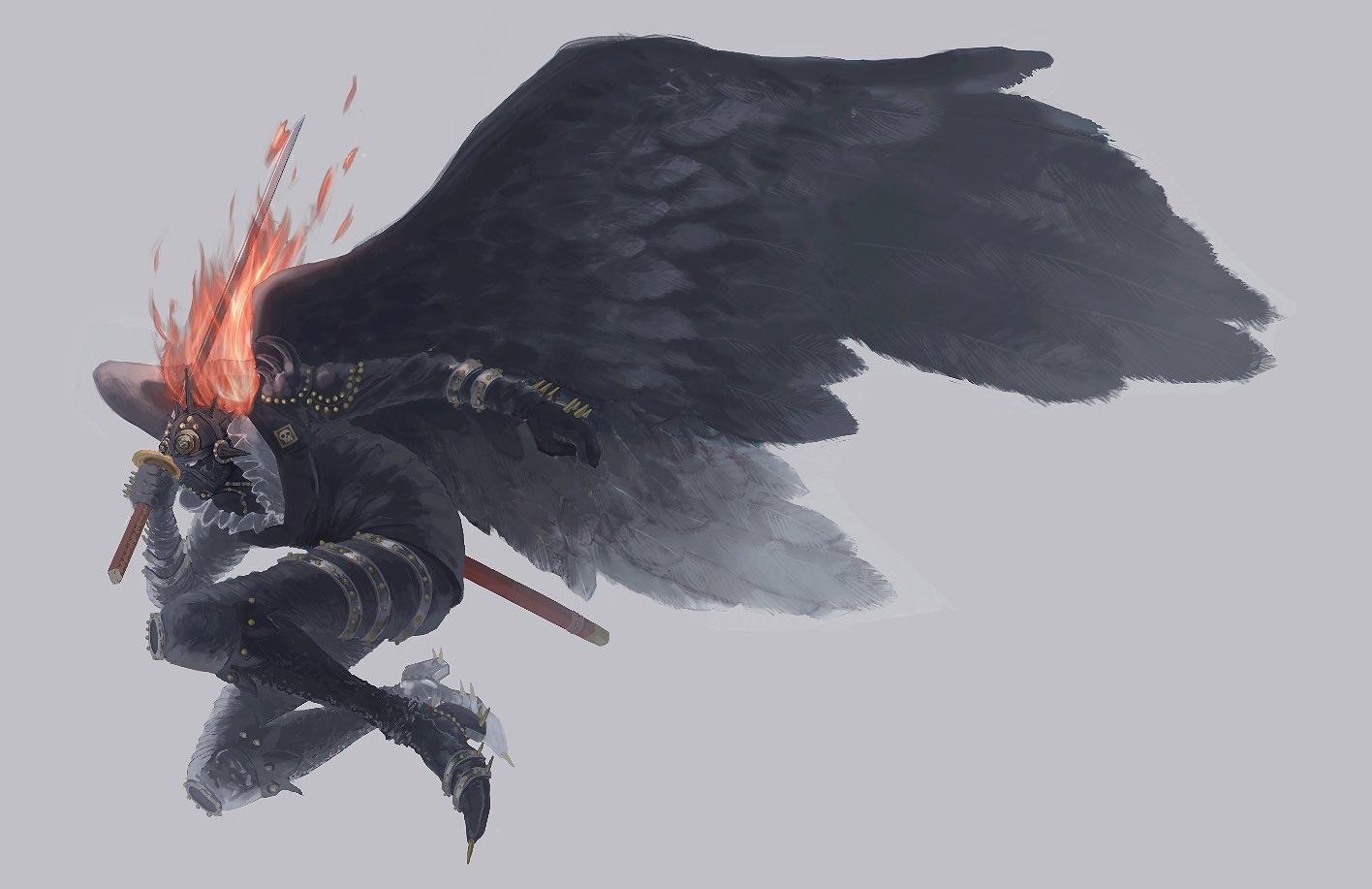 Safebooru - 1boy armlet armor black wings burning covered face flying ...