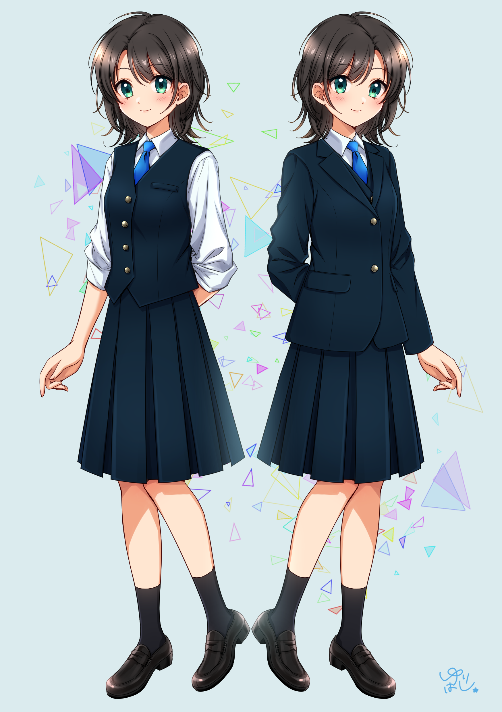 Safebooru - 2girls absurdres aqua eyes arm at side arm behind back bangs black footwear black ...