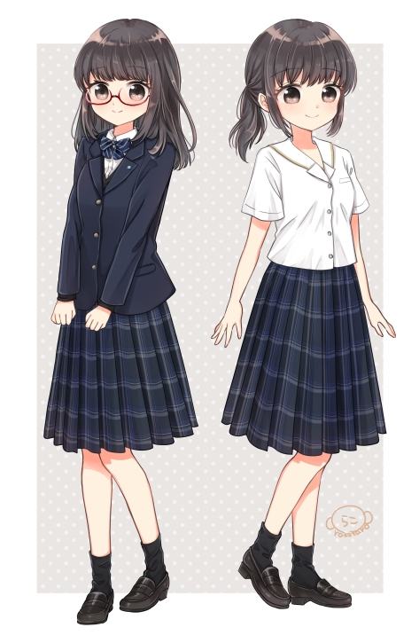 Safebooru - 2girls arms at sides artist name bangs black eyes black hair blazer blue bow blue ...