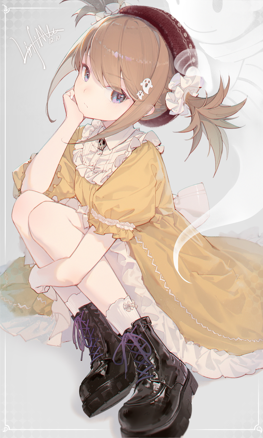 Safebooru - 1girl beret black footwear blue eyes boots brown hair brown headwear closed mouth ...