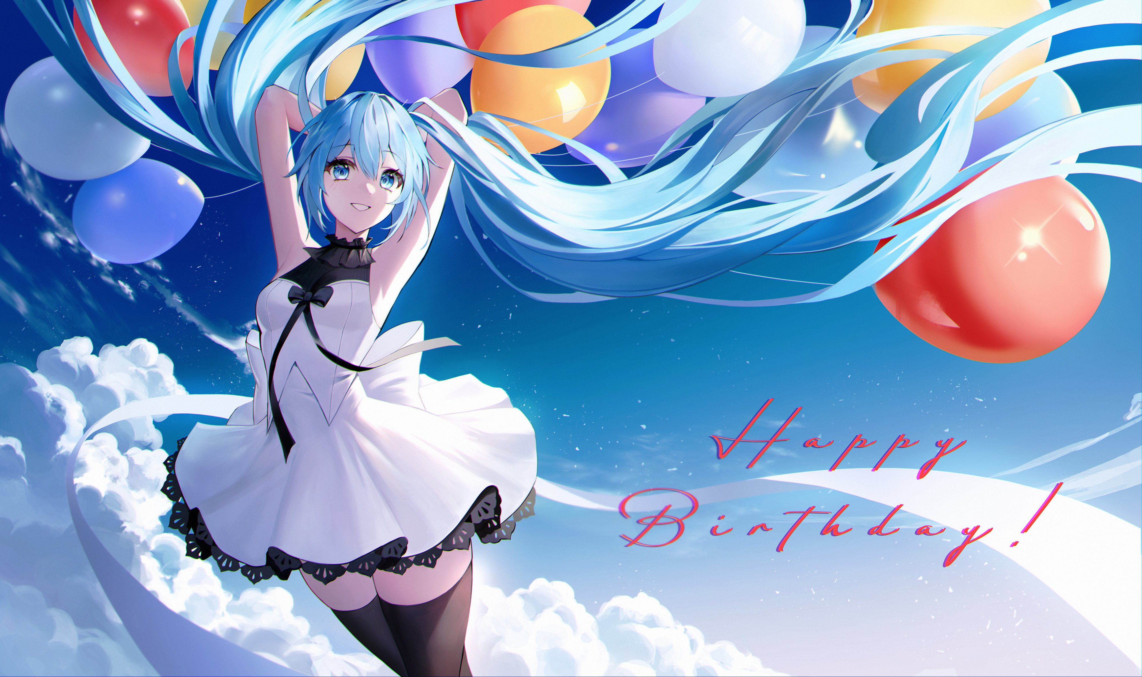 Safebooru - 1girl absurdres arms up balloon bangs black bow black thighhighs blue eyes blue hair ...