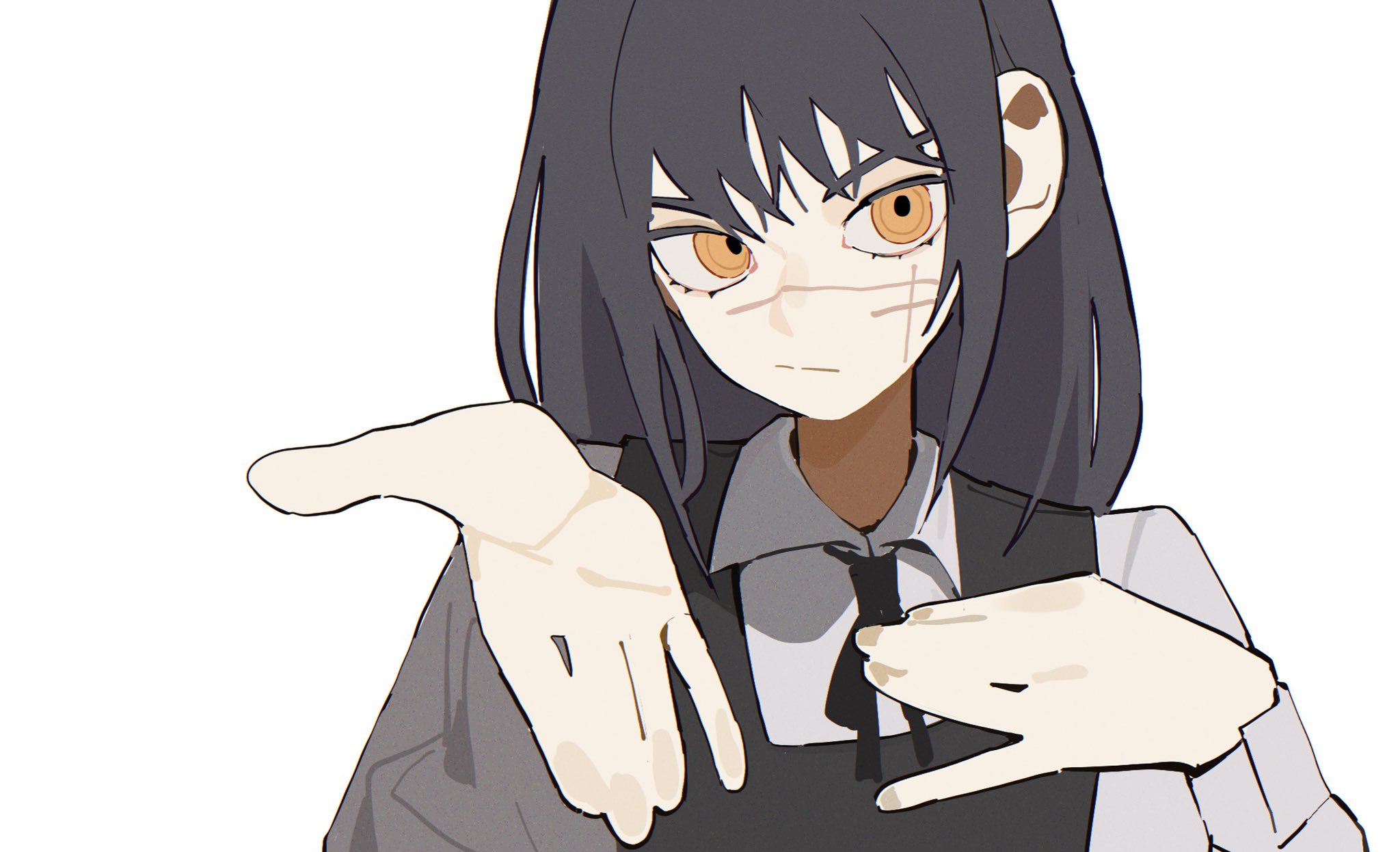 Safebooru - 1girl bangs black hair black ribbon chainsaw man collared shirt cross scar dress ...