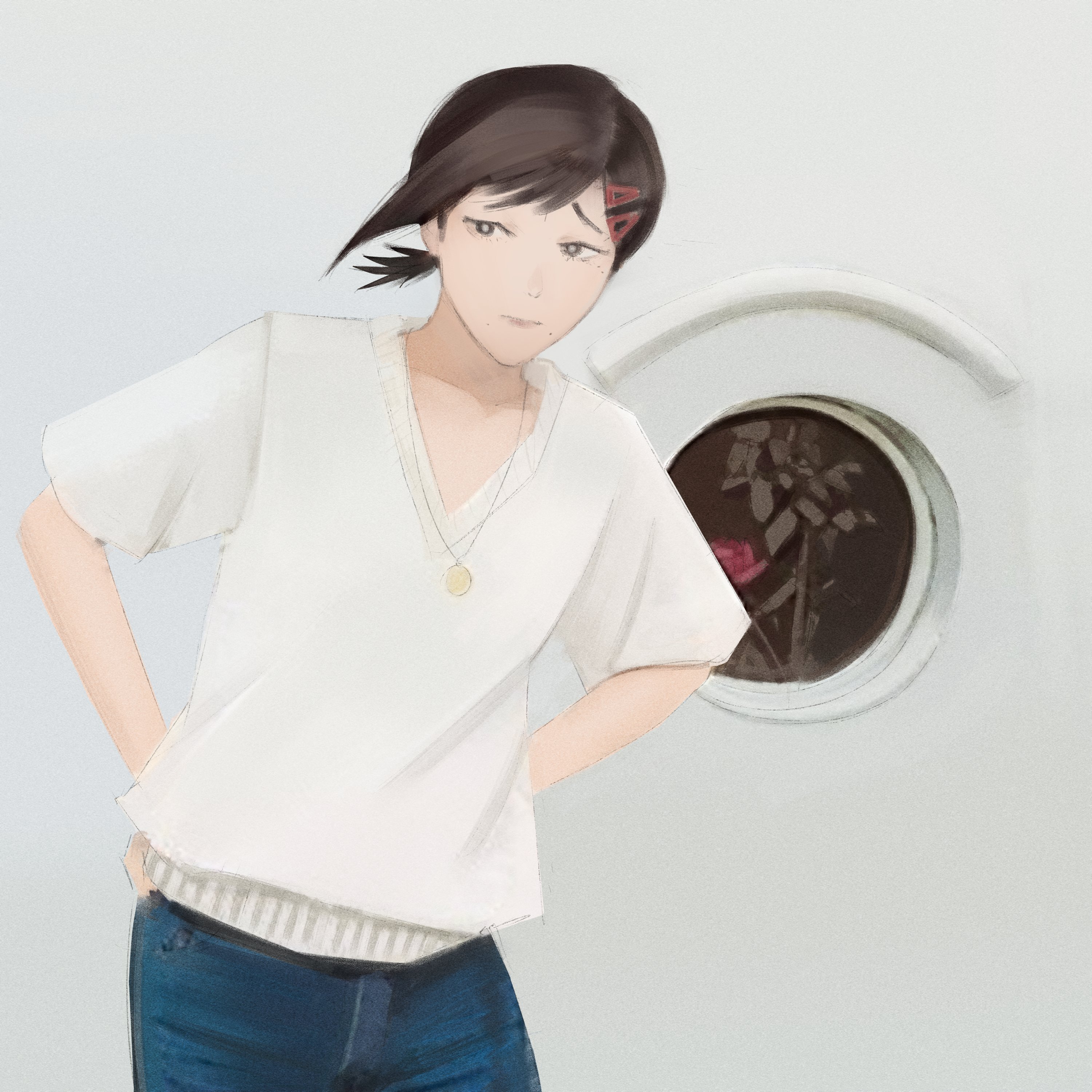 Safebooru - 1girl absurdres album cover redraw arms behind back bangs black hair chainsaw man ...