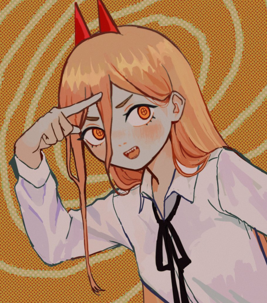 Safebooru - 1girl black ribbon blush brown hair chainsaw man collared shirt cross-shaped pupils ...